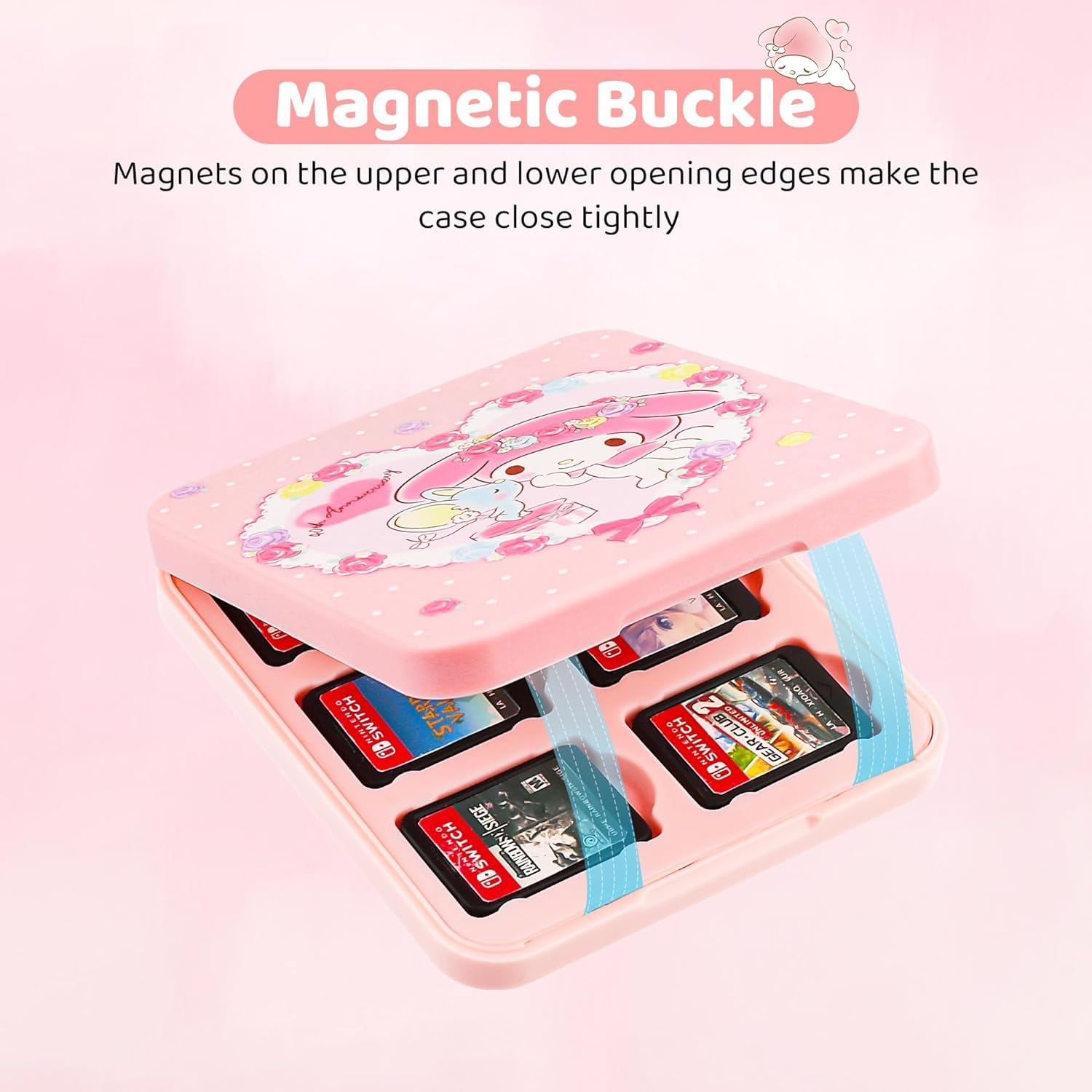 RHOTALL 12 Game Card Slots Case for Nintendo Switch and Switch OLED, Pink Anime Girl Cute Magnetic Game Storage Holder for Switch Games, 12 SD Card Cartridge Case with Soft Silicone Lining