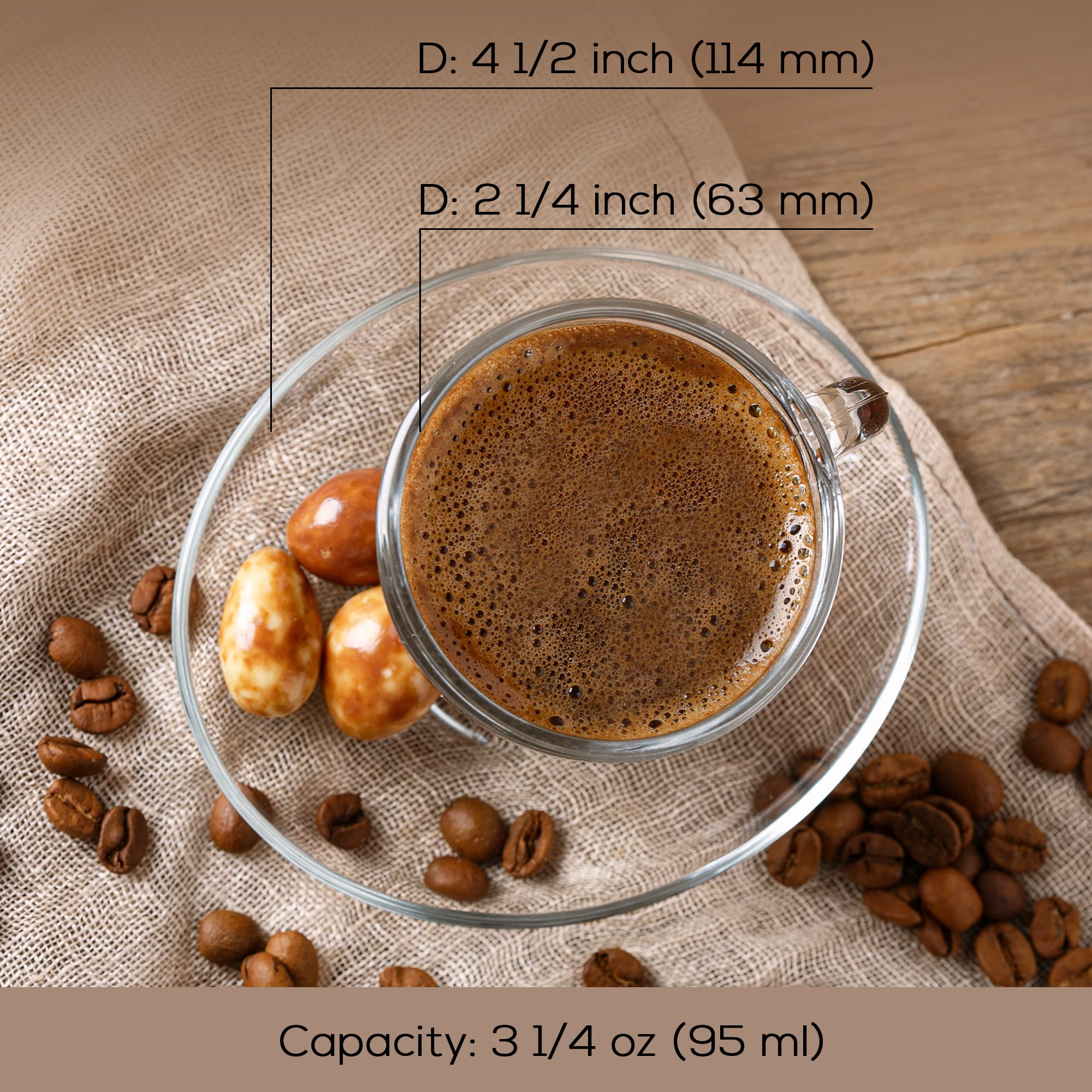Volarium Espresso Cups with Saucers, Demitasse Clear Glass Drinkware, Set of 6 Cups and 6 Saucers for Turkish Coffee, Tea and Espresso Lover