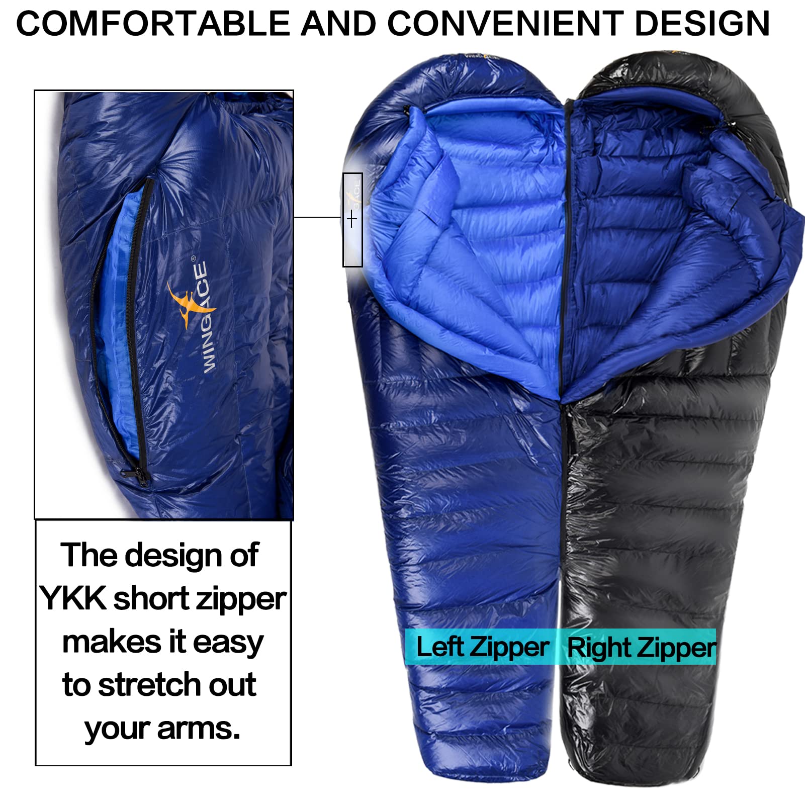 WINGACE Mummy Sleeping Bag 20 Degree F, 750FP 95% Down, Backpacking & Camping, Adults Cold Weather Lightweight Warm Compact Sleeping Bags (23F & 15F, 83 in, Dark Blue)