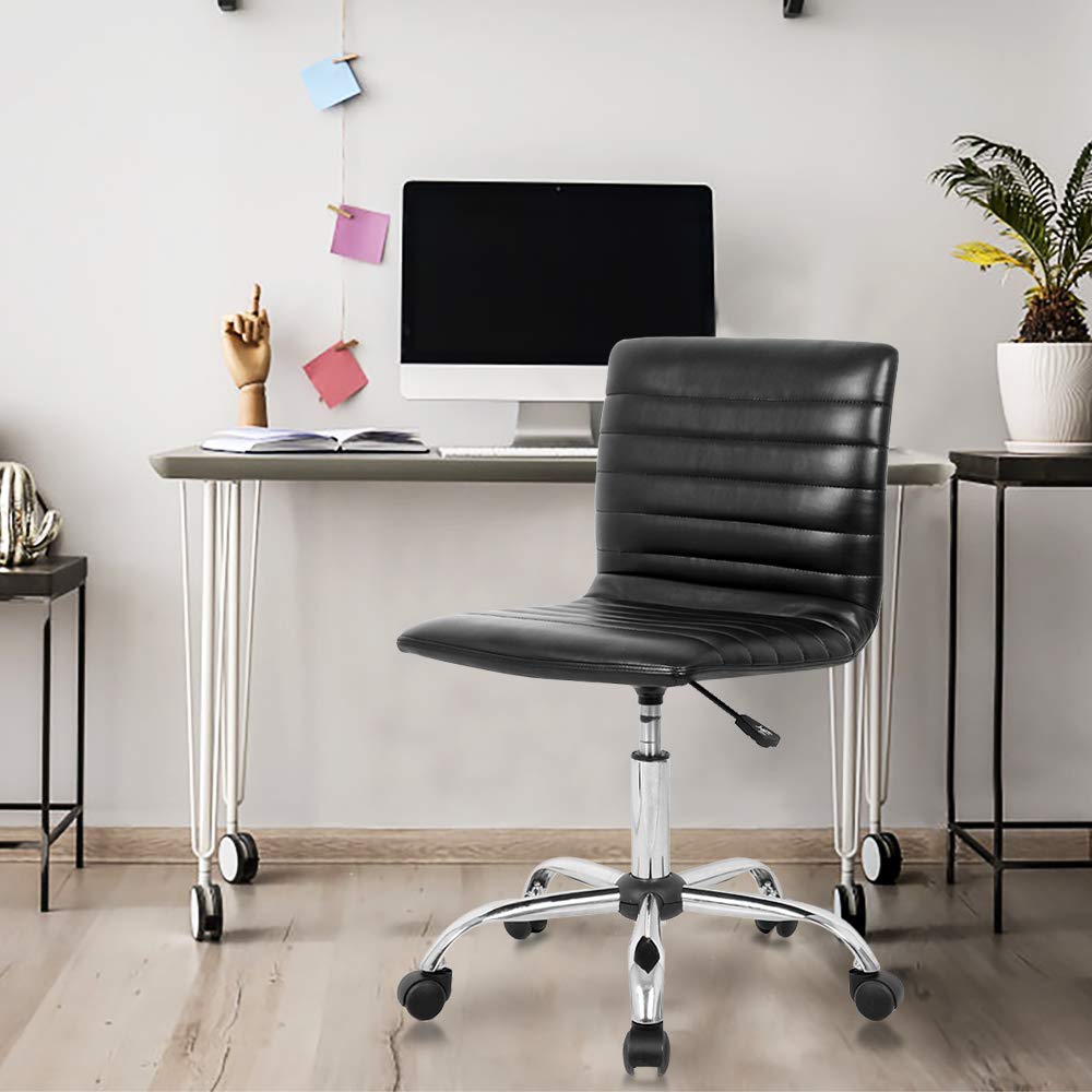 RIMIKING Mid Back Armless Leather Vanity Chair Computer Chair Task Chair Desk Chair Swivel Home Office Chair, Adjustable Height, White