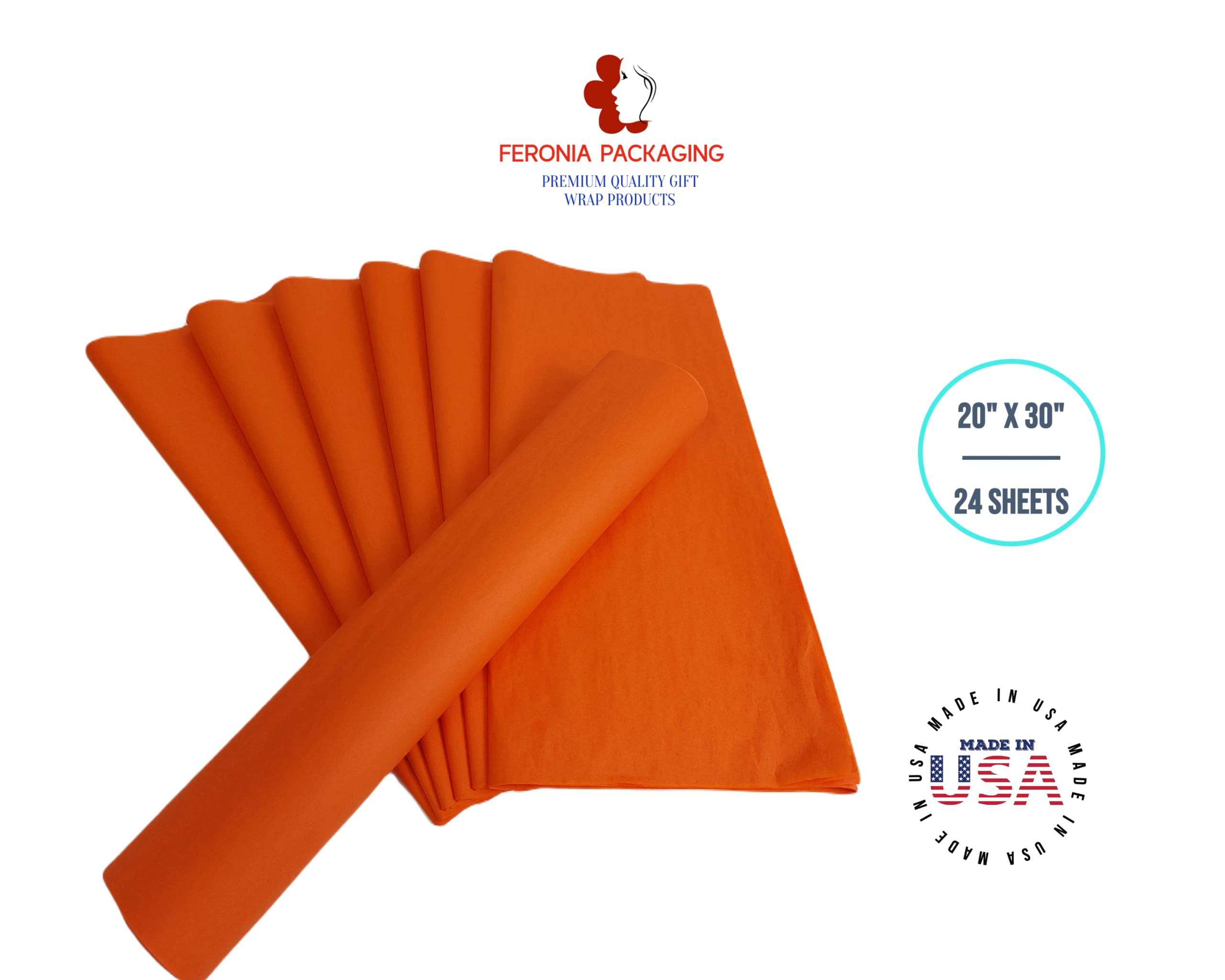 Orange Tissue Paper Squares, Bulk 24 Sheets, Premium Gift Wrap and Art Supplies for Birthdays, Holidays, or Presents by Feronia packaging, Large 20 Inch x 30 Inch