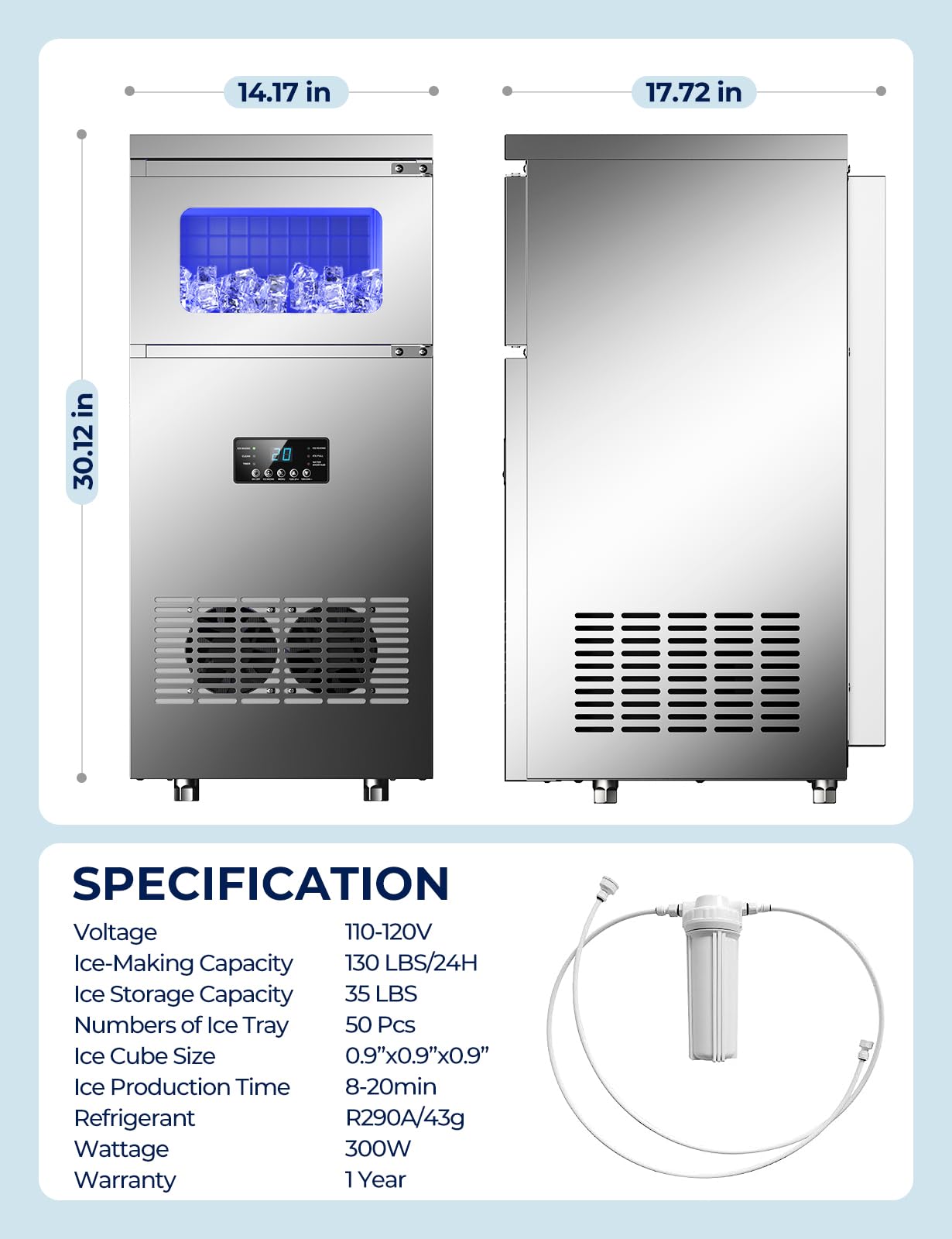 Pro Commercial Ice Maker Machine, 150lbs/24H Under Counter ice Machine with 36lbs Ice Storage Capacity, 50 Ice Cubes Stainless Steel Freestanding Ice Maker, Intelligent Operation, Automatic Cleaning