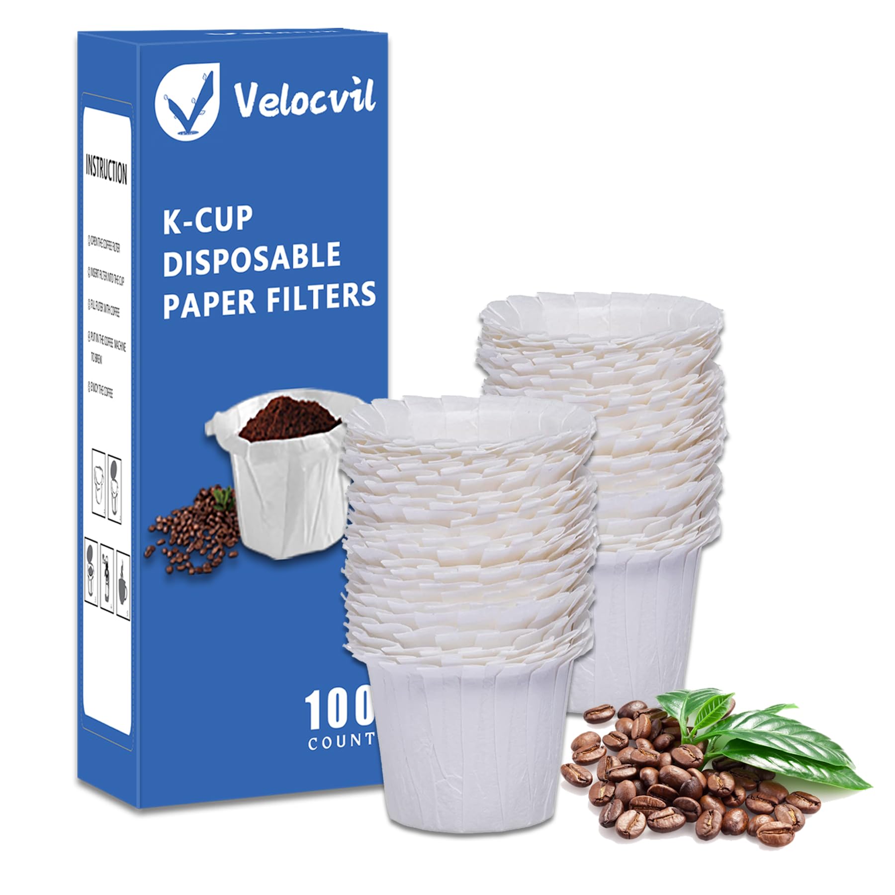 Velocvil Disposable Paper K Cup Filters, 100 Counts Coffee Filters Compatible with All Keurig Brewers Single Serve Reusable Pods