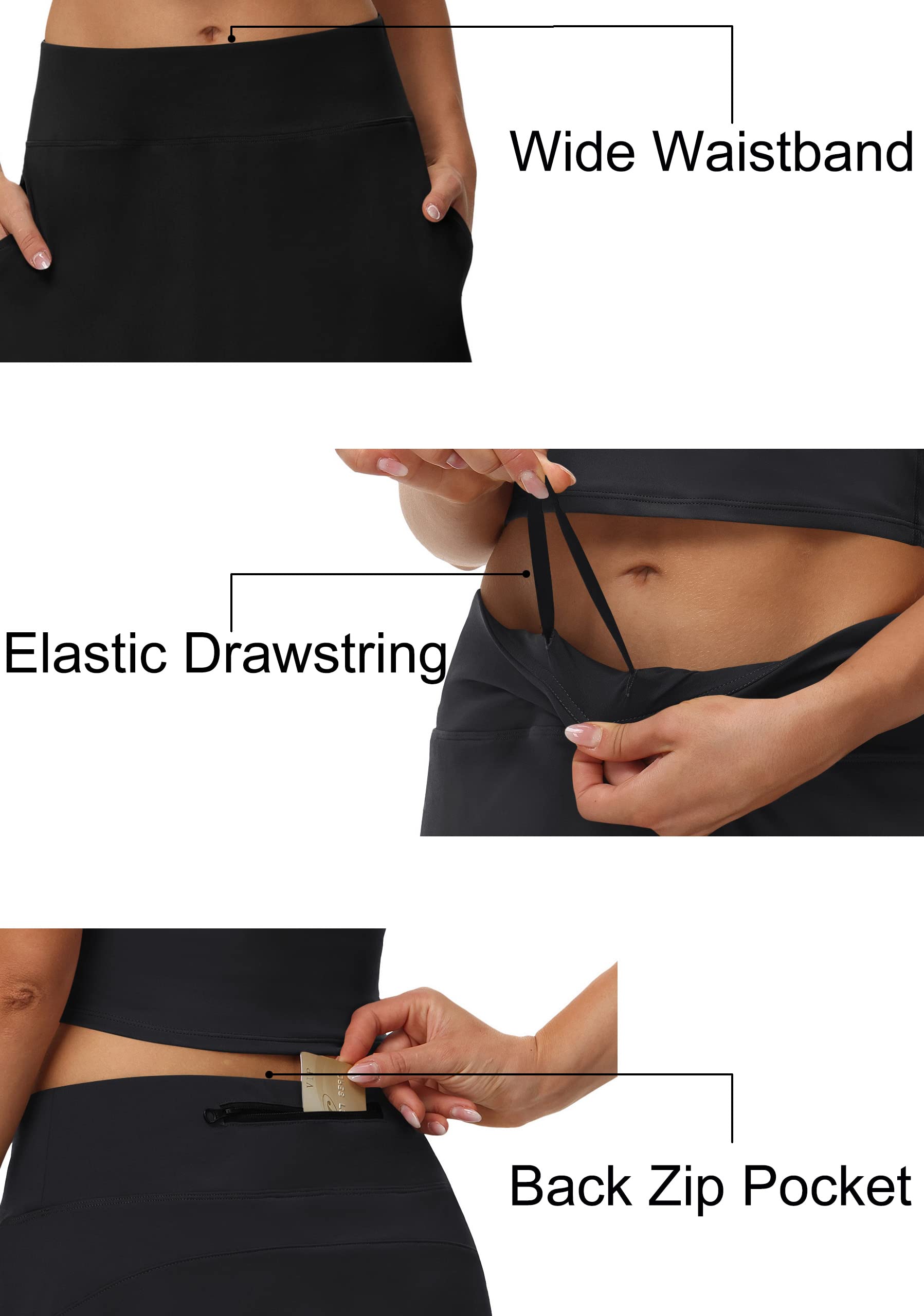Women's Knee Length Tennis Skirt Large Black Lightweight Modest Long Cute Casual Workout Athletic Golf Skort with Pockets