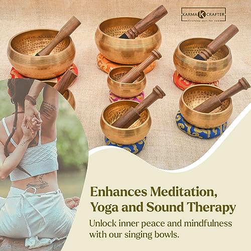 Tibetan Singing Bowl set From 7 Planets, Hand Hammered Design | Meditation Sound Bowl, 7 Chakra bowl, Mallet & Cushion set for Yoga (7 Chakra Set)