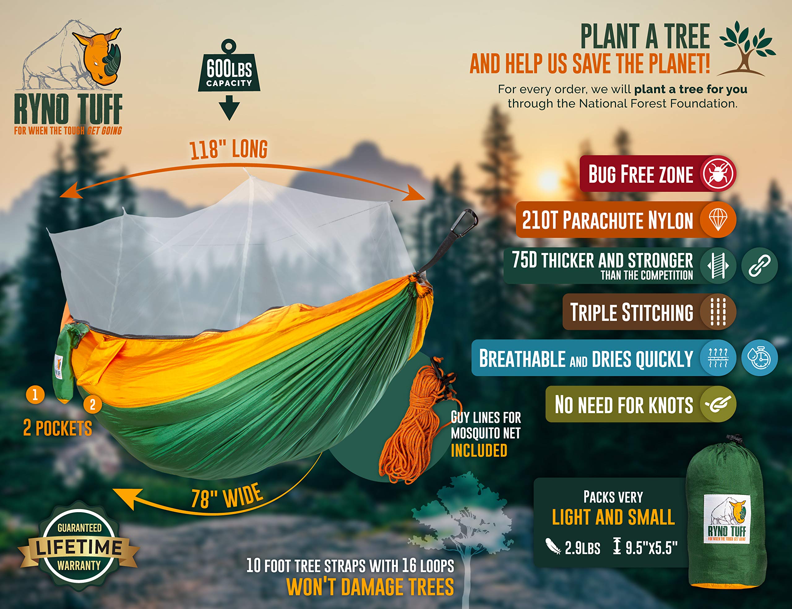Ryno Tuff X-Large 2 Person Camping Hammock with Mosquito Net - Compact Double Hammock with Bug Net, Pocket, Tree Straps & Heavy Duty Carabiners - Parachute Grade Nylon Can Hold Over 600lbs of Weight