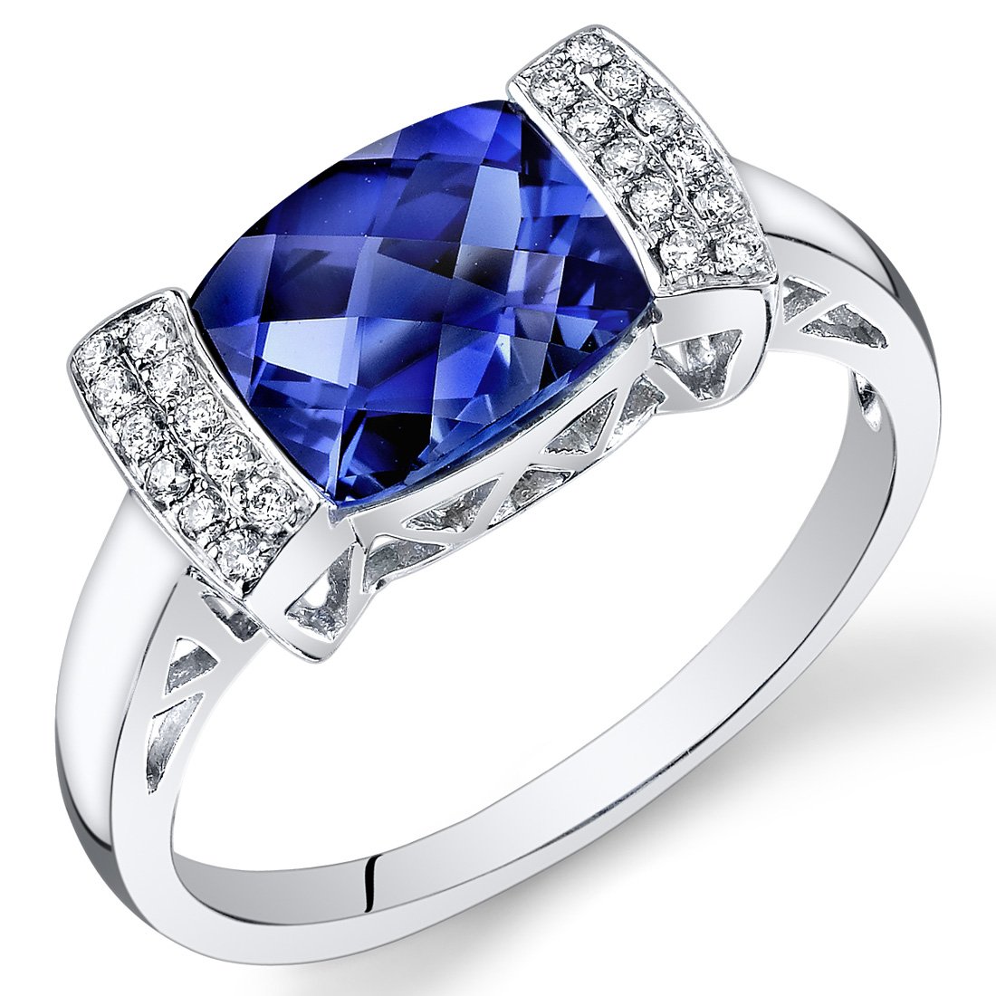 PEORA 14K White Gold 2.61 Carats Created Blue Sapphire with Genuine Diamond Ring, AAA Grade Cushion Cut 9x7mm, Comfort Fit