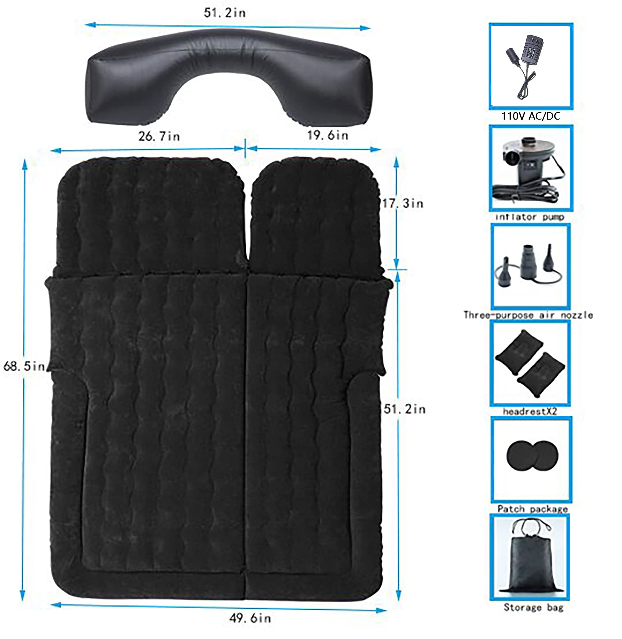 SUV RV Air Mattress Car Bed Camping Cushion Inflatable Thickened Car Air Bed with Electric Air Pump Flocking Surface Portable Sleeping Pad for Travel Camping Minivan Van Trunk