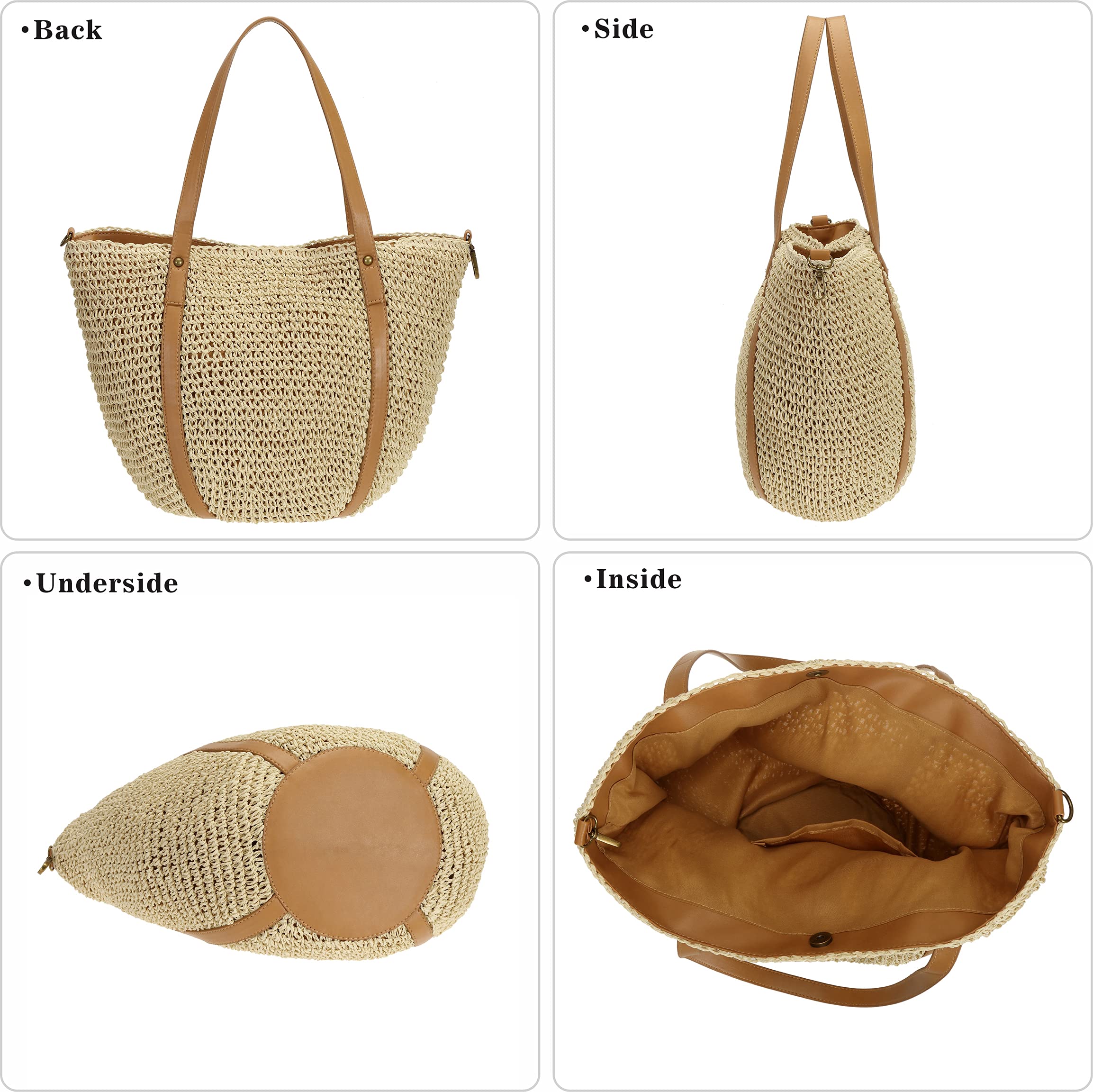 So'each Women's Handbag Wicker Woven Rattan Straw Tote Shoulder Bucket Bag Beige