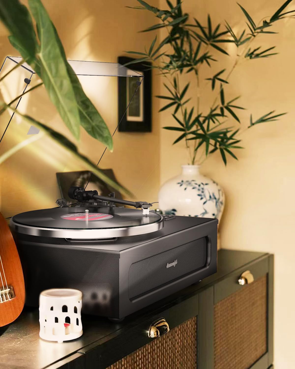 Record Player High Fidelity Turntable for Vinyl Records Built-in 4 Stereo Speakers All-in-One Vinyl Player Belt Drive Turn table with MM Cartridge ATN-3600L Stylus 33 45 Speed Bluetooth Classic Black