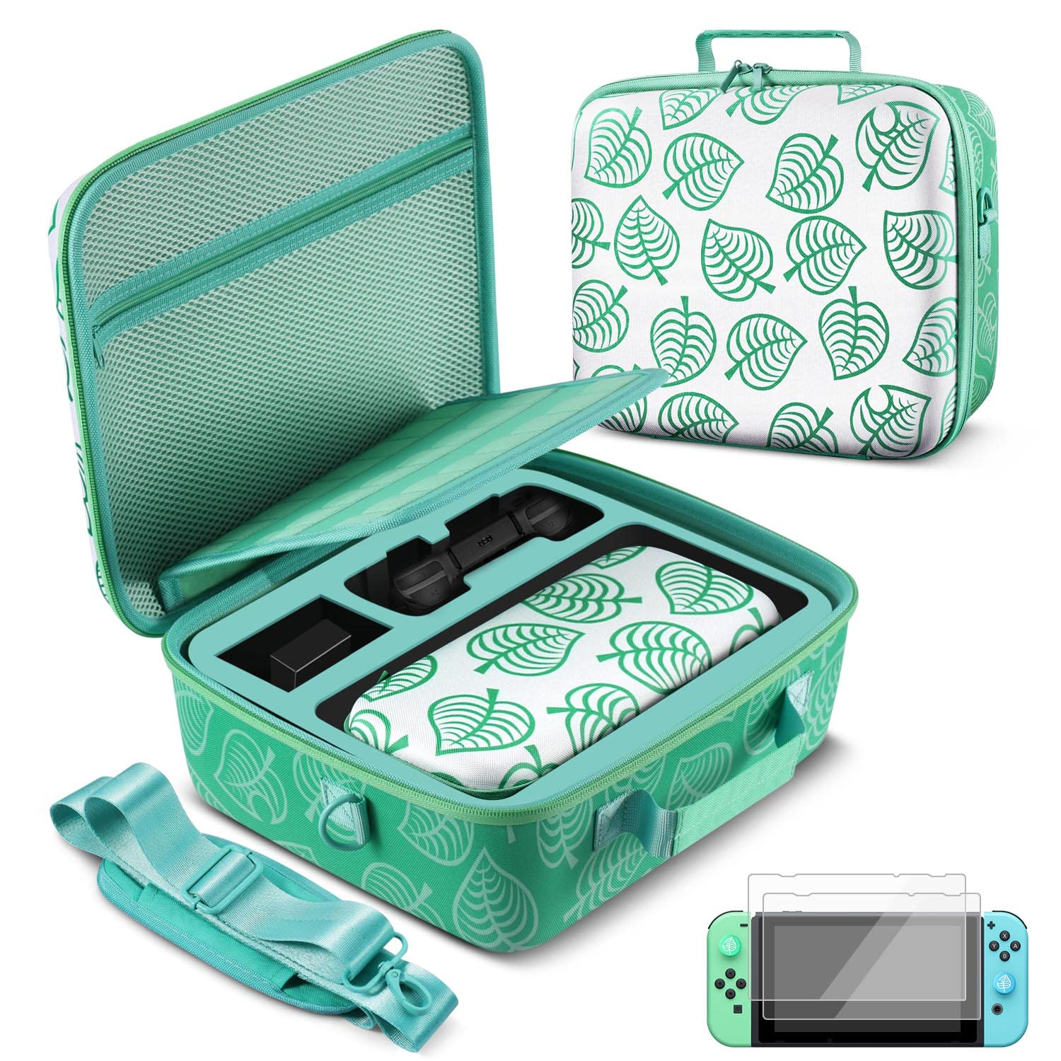 TNP Travel Hard Shell EVA Portable Kit Case for Nintendo Switch New Horizon Animal Leaf Crossing, Switch Lite, Joy-Cons, Docking Station, AC Adapter, HDMI Cord, Game Cartridges, Storage Bag