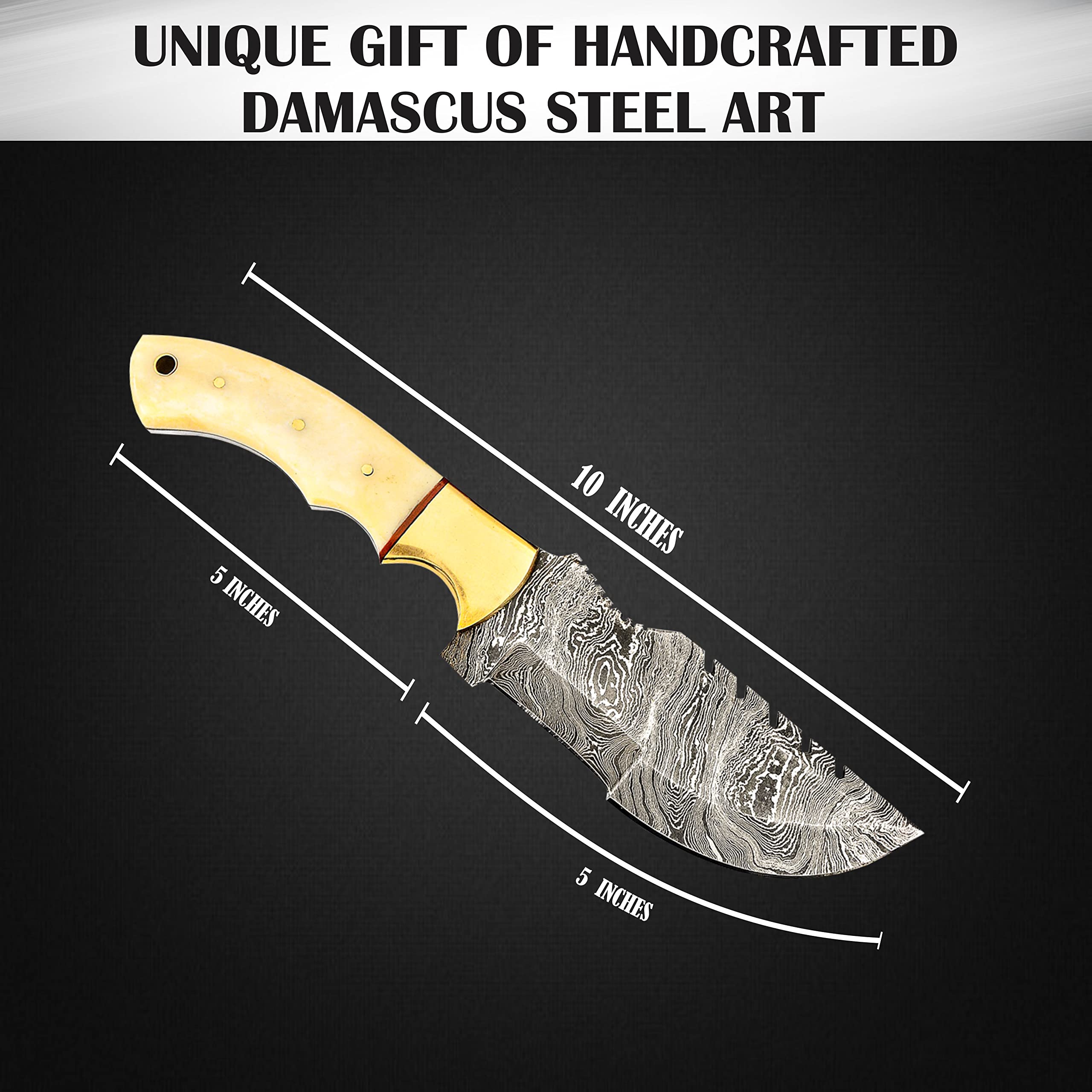 Tracker Knife with Sheath, Damascus Steel Hunting Knife with Bone Handle, Fixed Blade Bushcraft Survival Knife, Horizontal Carry Knife