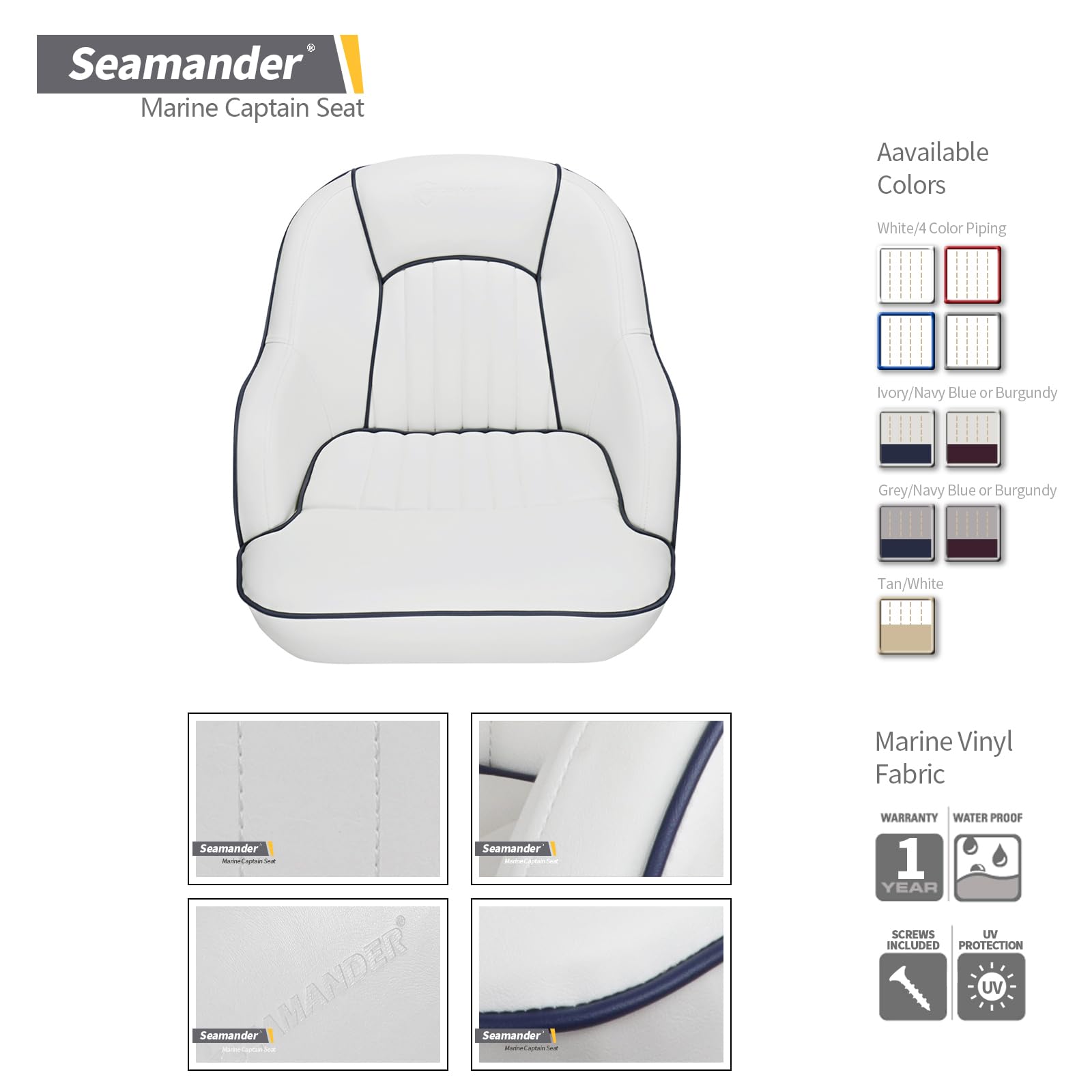 Seamander Pontoon Captains Bucket Boat Seat, 19.7H x 22.2L x 21.7D inches, Injection Molded Plastic Frame, Plush Foam Padding, Marine Grade Vinyl, 5x5 or 5x12 inch Mounting Pattern