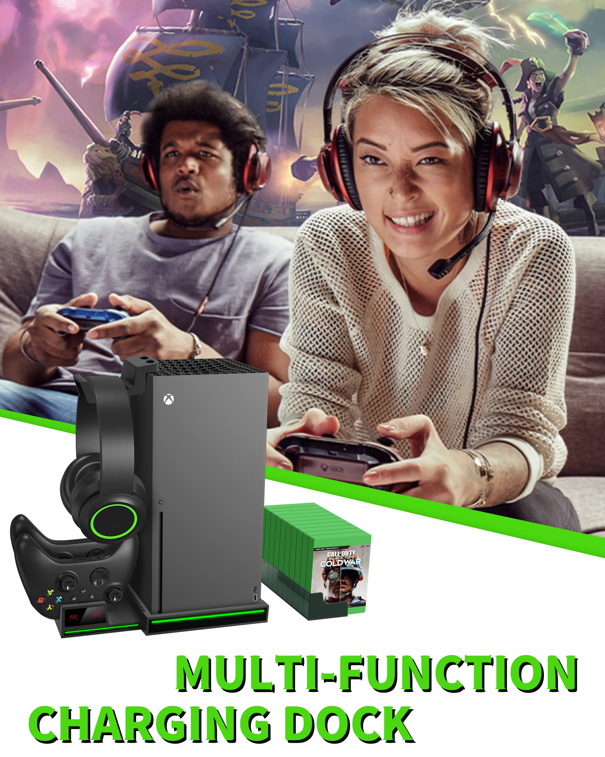 Wiilkac Vertical Stand for Xbox Series X Console with 10Games Slots Holder&Headphone Hook, Dual Controller Charging Station Dock with 2 Rechargeable Battery Packs for Xbox Series X/S, Xbox One X/S
