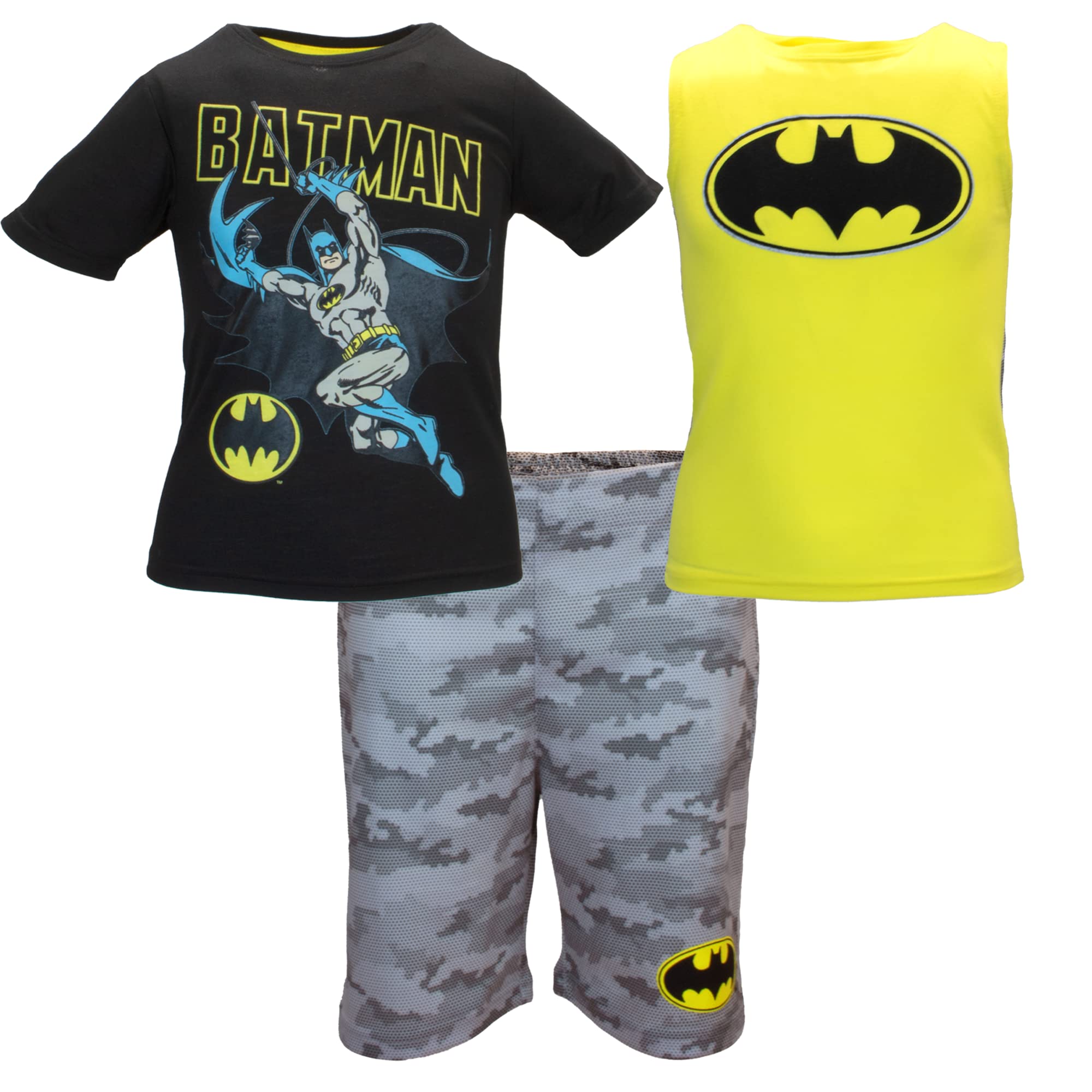 Warner Bros. Batman, The Flash, Justice League Boys Superhero Short Sleeve T-Shirt, Tank Top and Mesh Shorts Set (Batman Black/Yellow 2, 8)