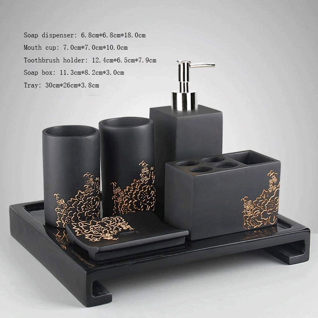 Soap Dispenser Hand Soap Dispenser 6-Piece Bathroom Accessory Resin Set Lotion Dispenser Tumbler Toothbrush Holder Soap Dish and Tray,Elegant Golden Pattern,Black Manual Soap Dispenser Soap Dispenser
