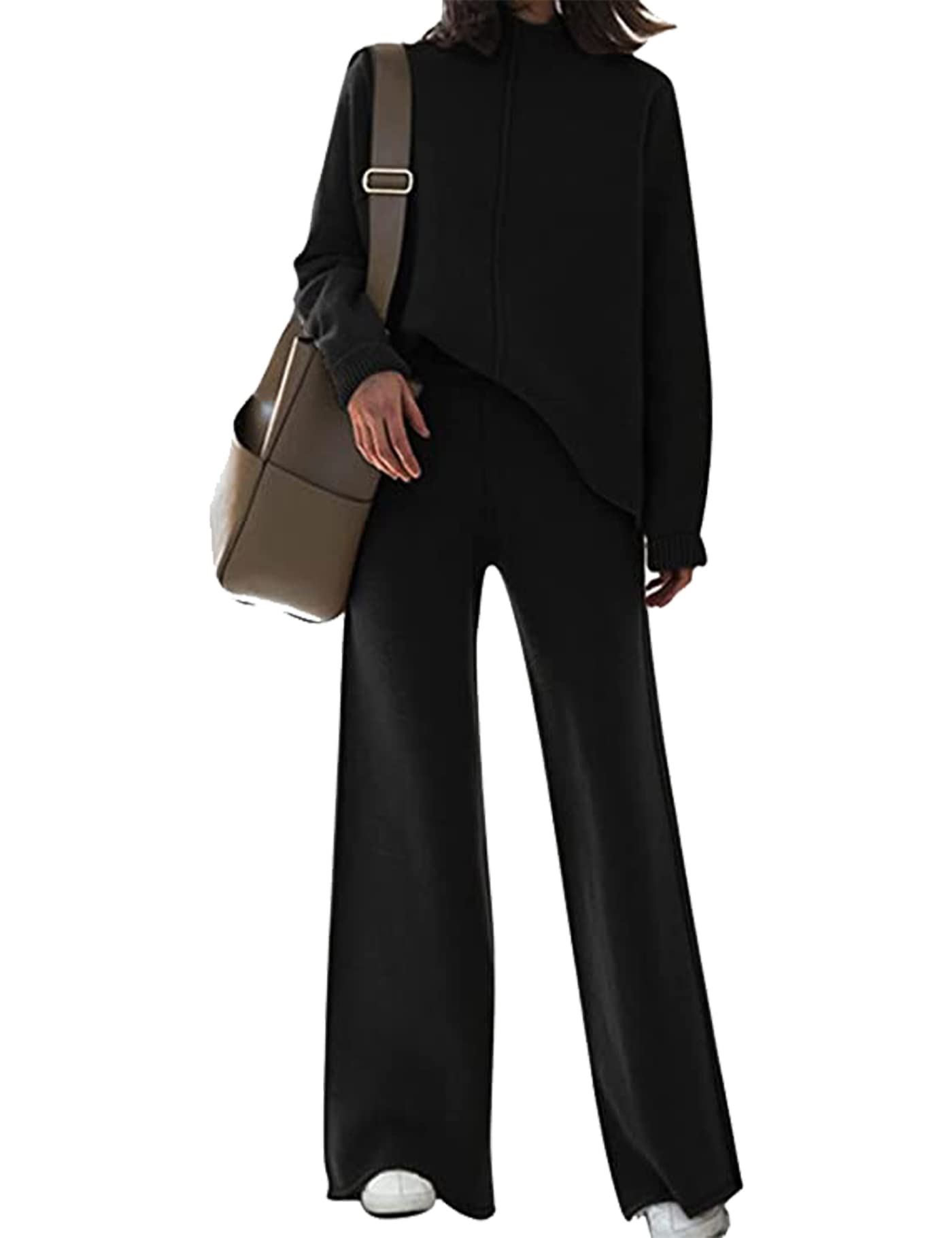 Women's 2 Piece Set Long Sleeve Knit High Neck Pullover Sweater Top and Wide Leg Pants Sweatsuit(Black-M)