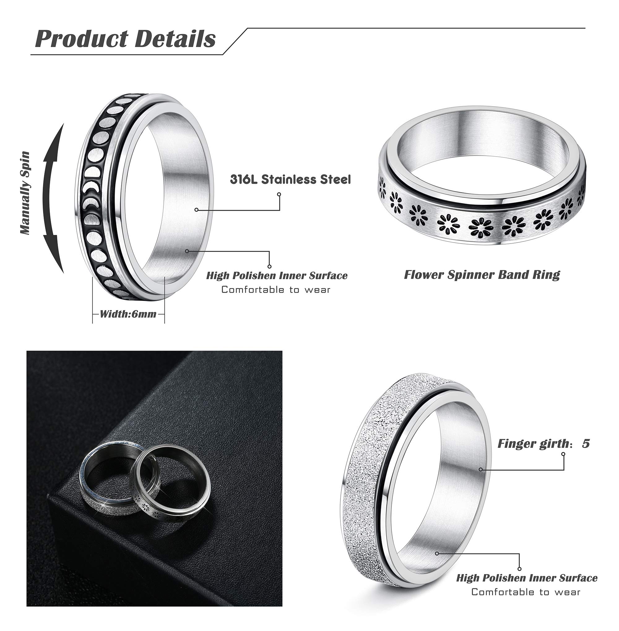 Subiceto 4 Pcs Spinner Rings for Women Stainless Steel Fidget Band Rings Set Moon Star Sand Blast Finish Womens Ring for Stress Relieving Wedding Promise Size 7