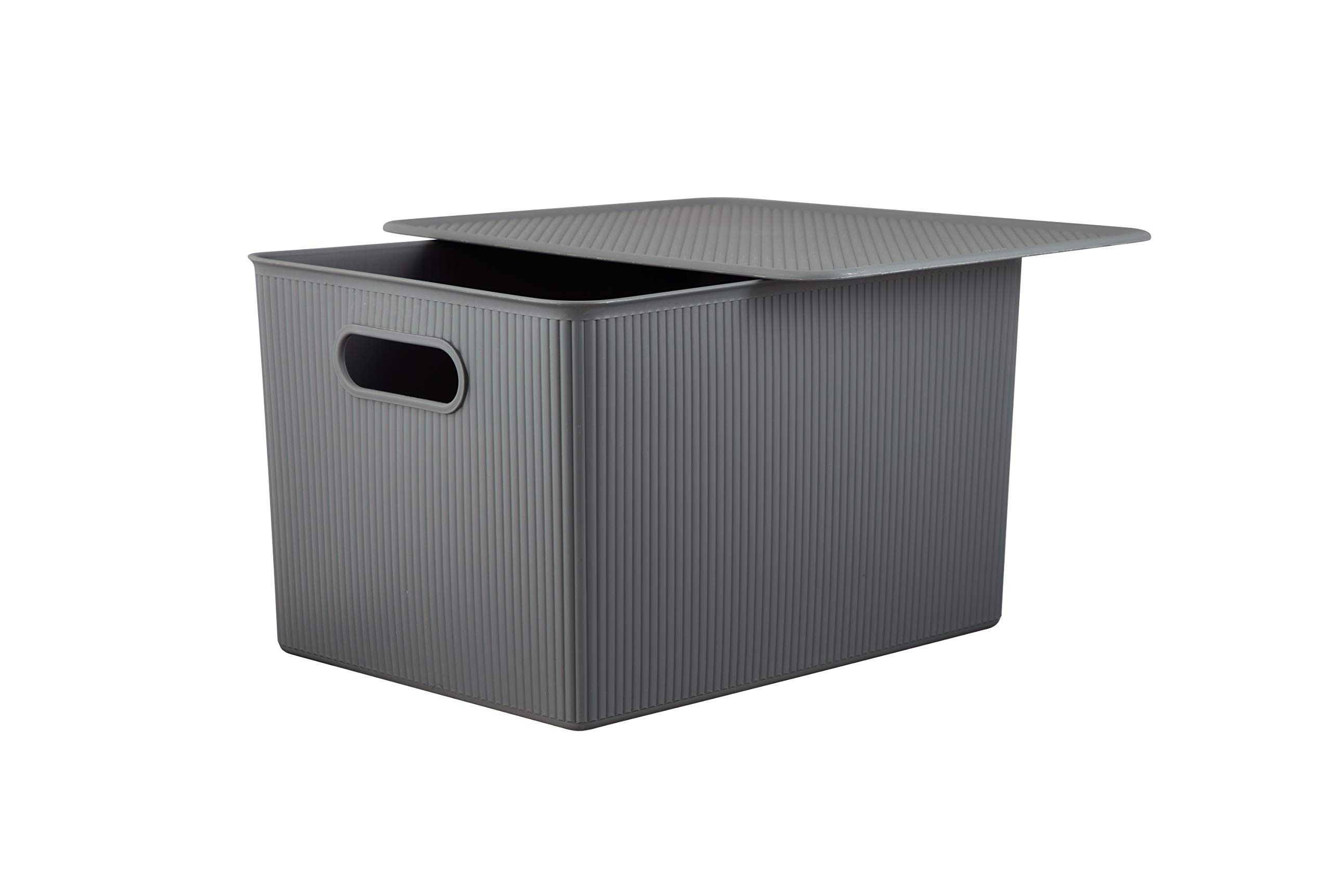 Superio Ribbed Collection - Decorative Plastic Lidded Home Storage Bins Organizer Baskets, X-Large Grey (1 Pack - 22 Liter) Stackable Container Box, for Organizing Closet Shelves Drawer Shelf