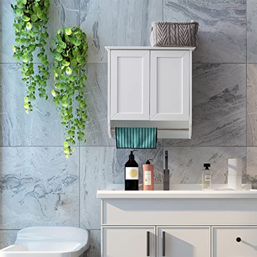 VANIRROR Wall Mounted Bathroom Cabinet with Towel Bar, 23x24x8.2 Inch Wooden Medicine Cabinet for Storage with Adjustable Shelf, MDF Material White Bathroom Wall Cabinet with Buffering Hinge