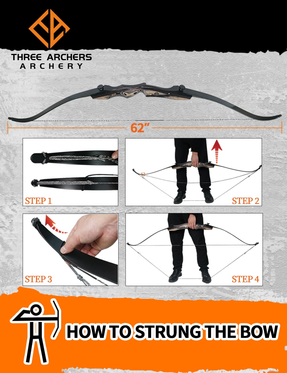 THREE ARCHERS Archery Recurve Bow Set Takedown Wooden Bow 62” Right Hand Hunting & Target Bow for Outdoor Archery Sport 30lbs-50lbs