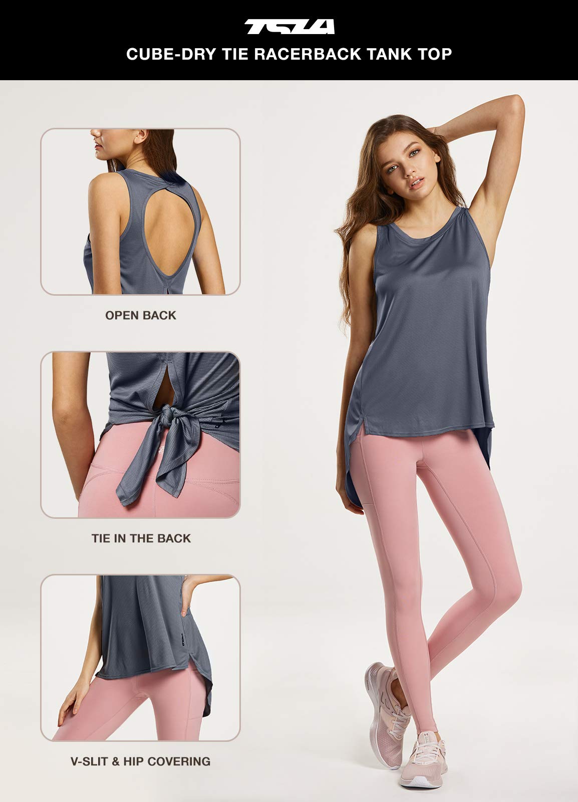TSLA Active Dry Fit Running Summer Tanks, Women's Workout Tank Tops, Athletic Exercise Gym Yoga Tank Top, Tie Back 2pack Grey/Orange, Medium