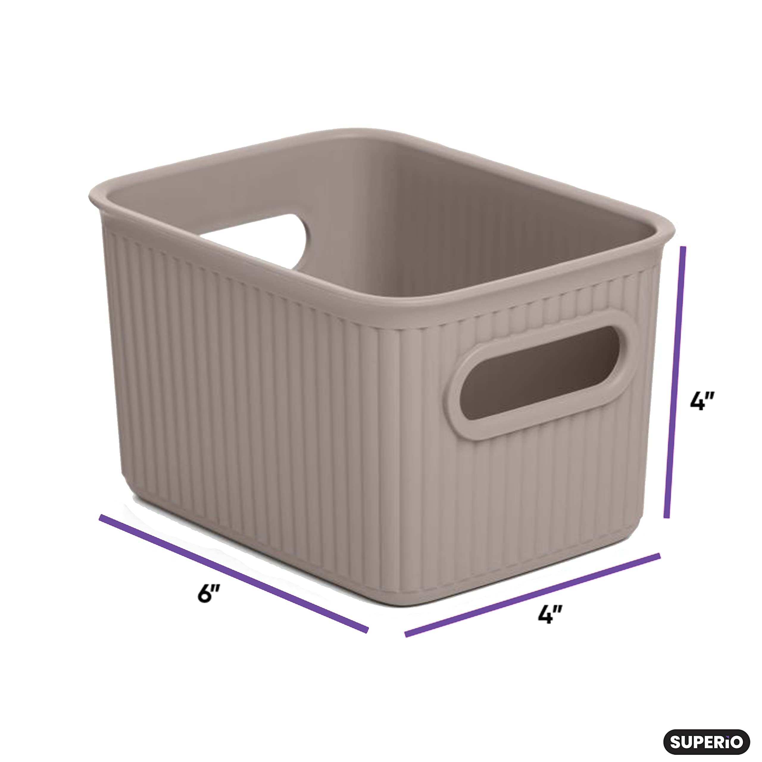 Superio Ribbed Collection - Decorative Plastic Open Home Storage Bins Organizer Baskets, Small Taupe (6 Pack) Container Boxes for Organizing Closet Shelves Drawer Shelf 1.5 Liter