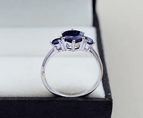 Three Stone Natural Blue Sapphire 7 MM Round Cut 925 Sterling Silver September Birthstone Cluster Unisex Proposal Ring Girlfriend Gift For Valentine Day (Rhodium Plated Silver, 6)