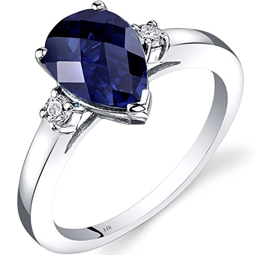 PEORA 14K White Gold 2.60 Carats Created Blue Sapphire and Genuine Diamond 3-Stone Ring for Women, Designer Teardrop Solitaire, Pear Shape 10x7mm, Comfort Fit