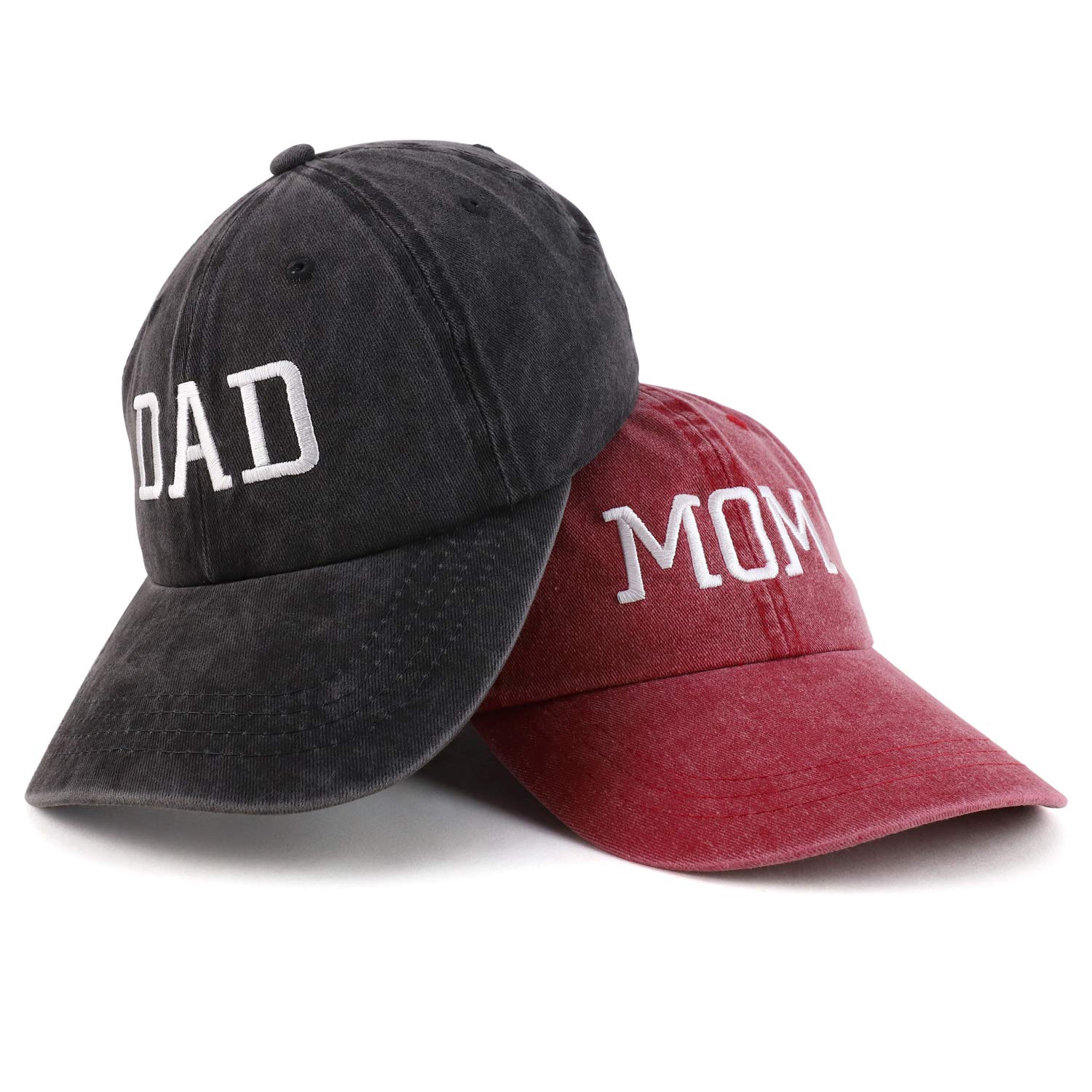 Trendy Apparel Shop Capital Mom and Dad Pigment Dyed Couple 2 Pc Cap Set - Wine - Black