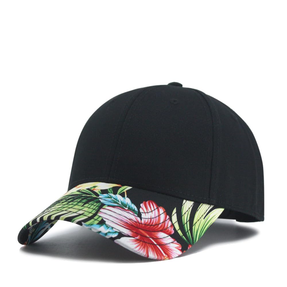 Premium Floral Hawaiian Cotton Twill Adjustable Snapback Hats Baseball Caps (Hawaiian/Black/Black)