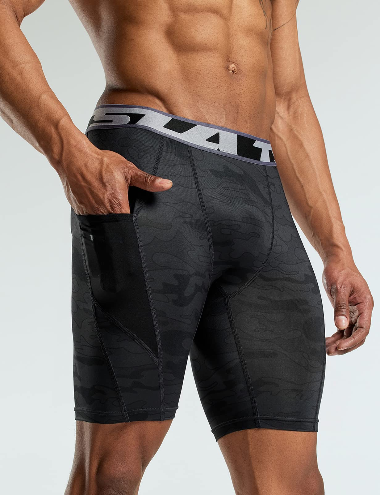 TSLA Men's Athletic Compression Shorts, Sports Performance Active Cool Dry Running Tights, Pocket 3pack Urban Camo Black/Yellow/Brick, Medium