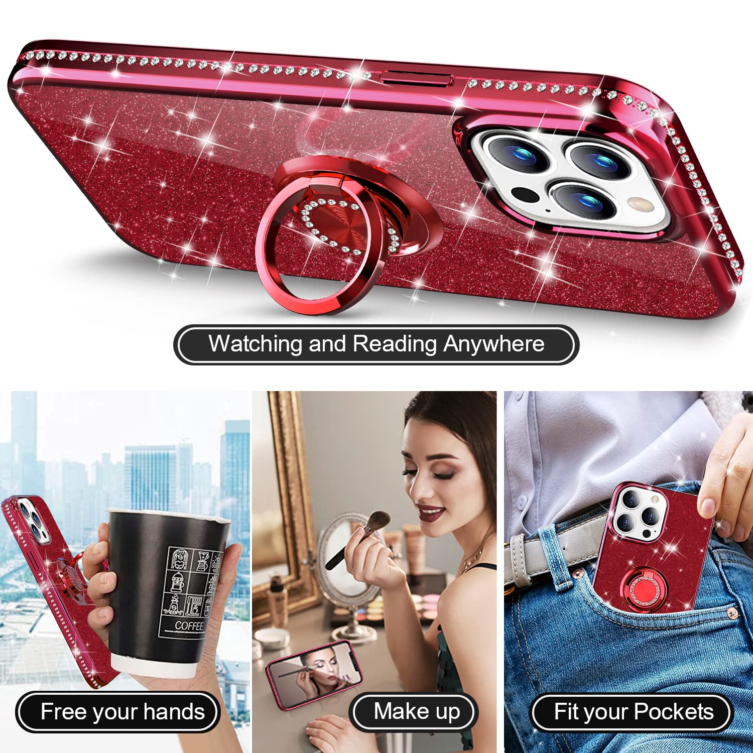 Thomo Compatible with iPhone 12 Pro Max Case,[Bling Kickstand] Cute Glitter Slim Full-Body Protective Bumper Phone Cases for iPhone 12 Pro Max Women Girls-WineRed