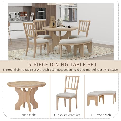 RUNWON 5-Piece Set, 44" Round Table with Curved Bench & Side Chairs for 4-5 People for Dining Room and Kitchen, Brown