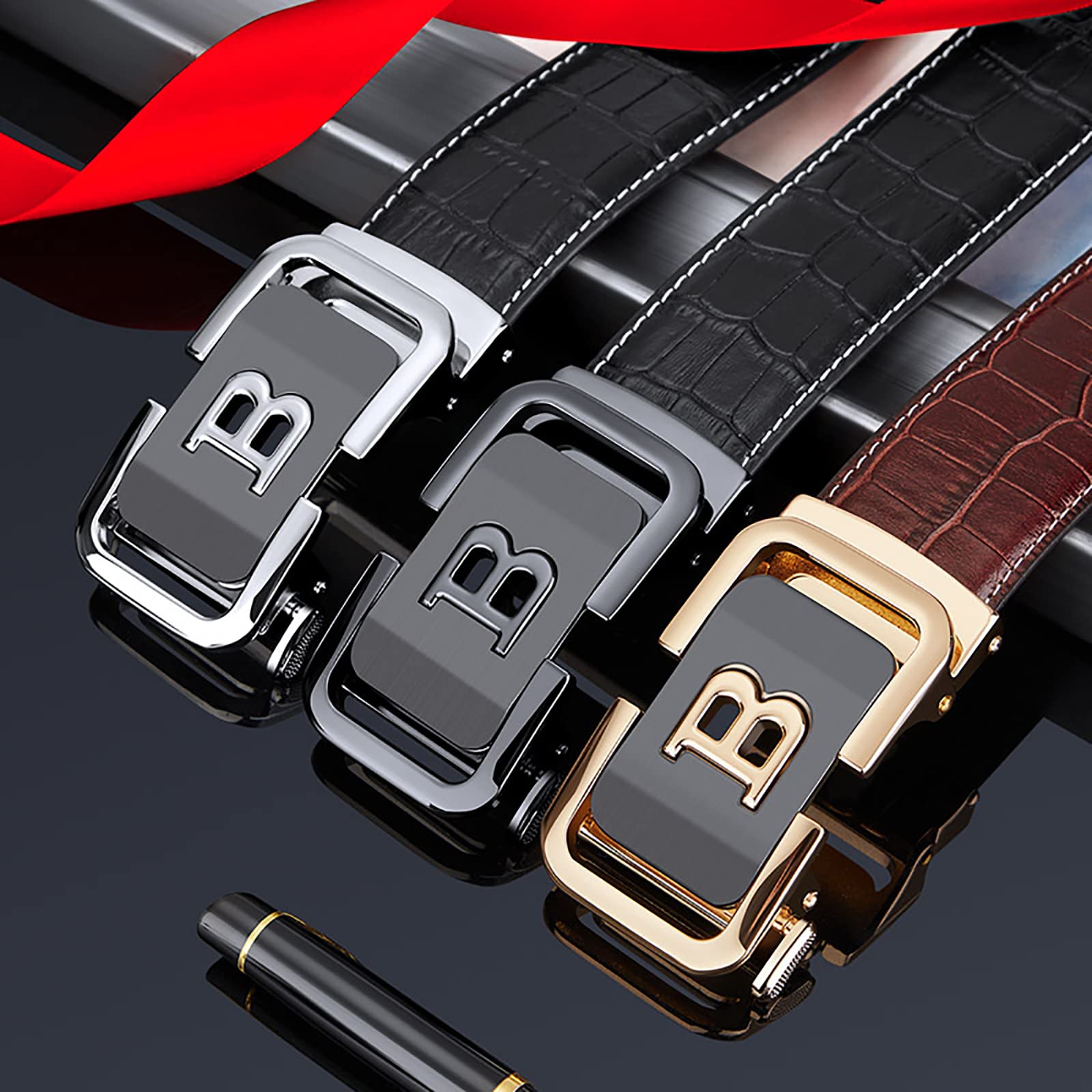 VANNANBA Mens Ratchet Belt Fashion Leather Casual Designer Belts with Letter B Buckle