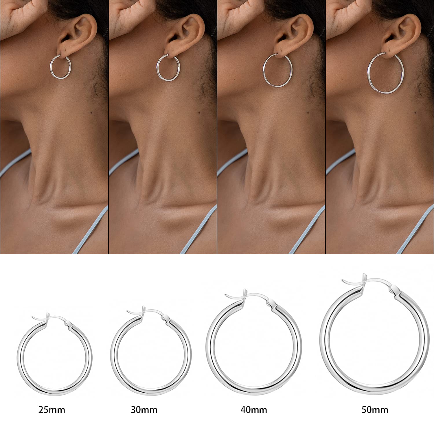SWEETV Sterling Silver Earrings Chunky Hoop Earrings for Women 25MM Polished Huggie Earrings for Sensitive Ears