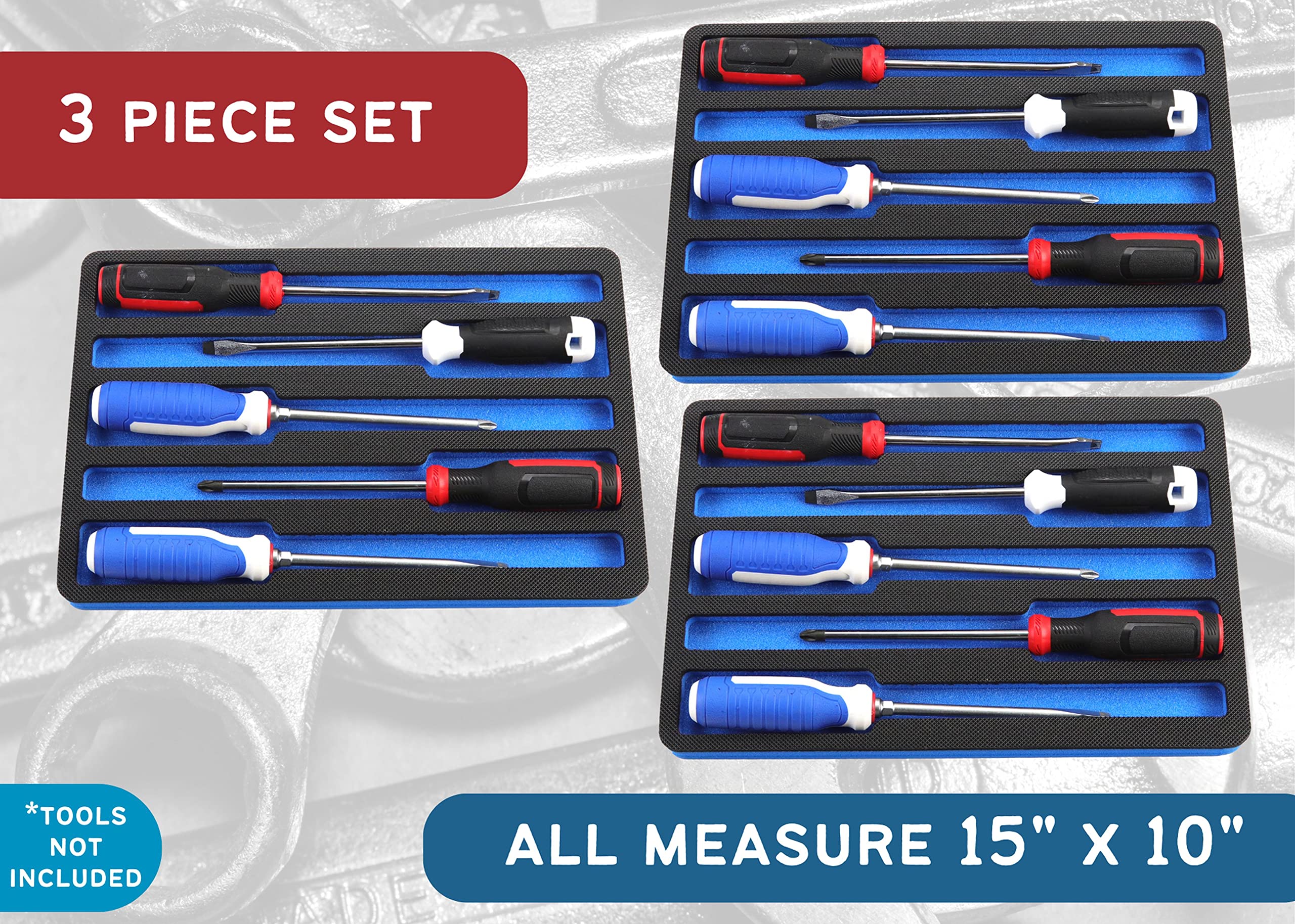 Polar Whale Tool Drawer Organizer 3-Piece Screwdriver Insert Set Blue and Black Durable Foam Holds Many Tools 15 x 10 Inch Trays Fits Craftsman Husky Kobalt Milwaukee Many Others