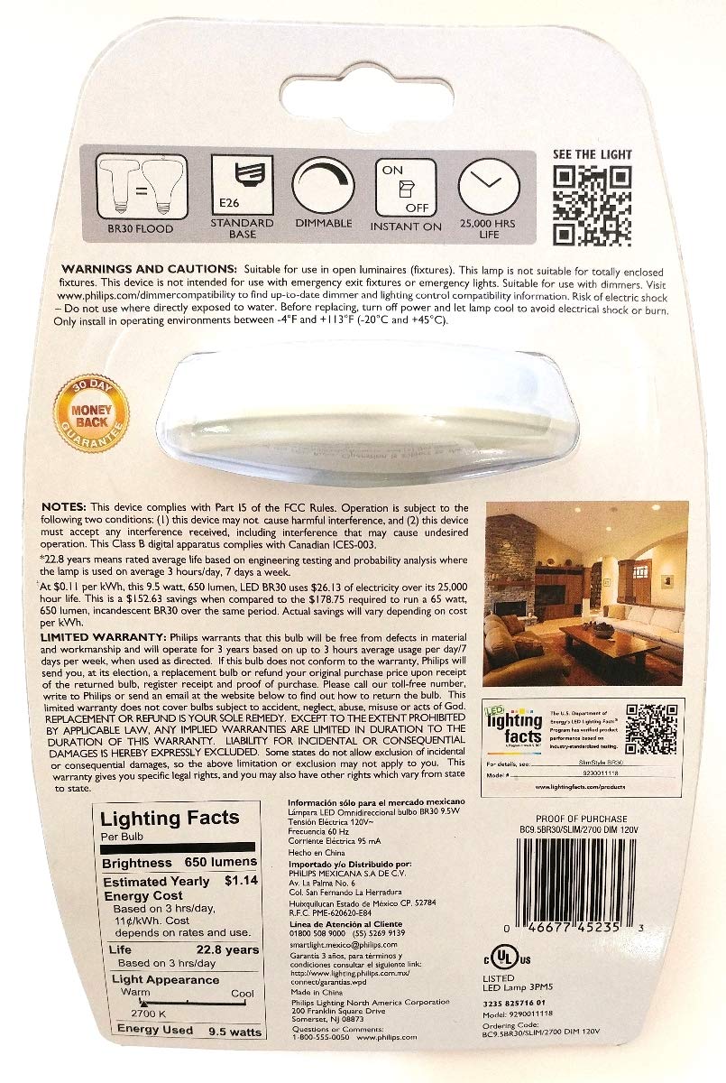 Philips SlimStyle 9.5W BR30 LED Soft white Dimmable Bulb - 65w equivalent