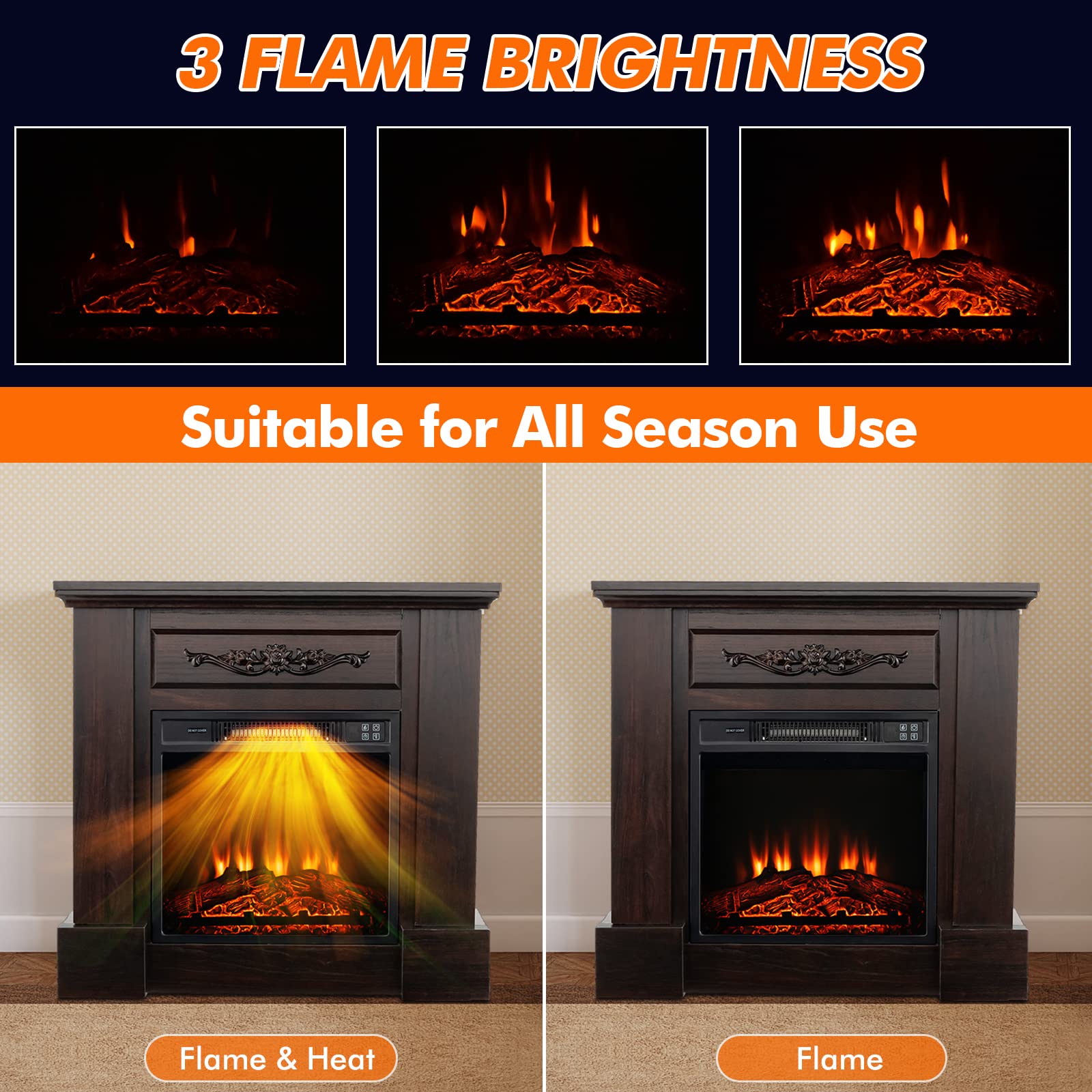 Tangkula 32’’Electric Fireplace with Mantle, Freestanding Fireplace Heater w/ 3D Realistic & Adjustable Flame, Remote Control, Overheat Protection, 1400 W Wooden Fireplace Mantel for Home (Brown)