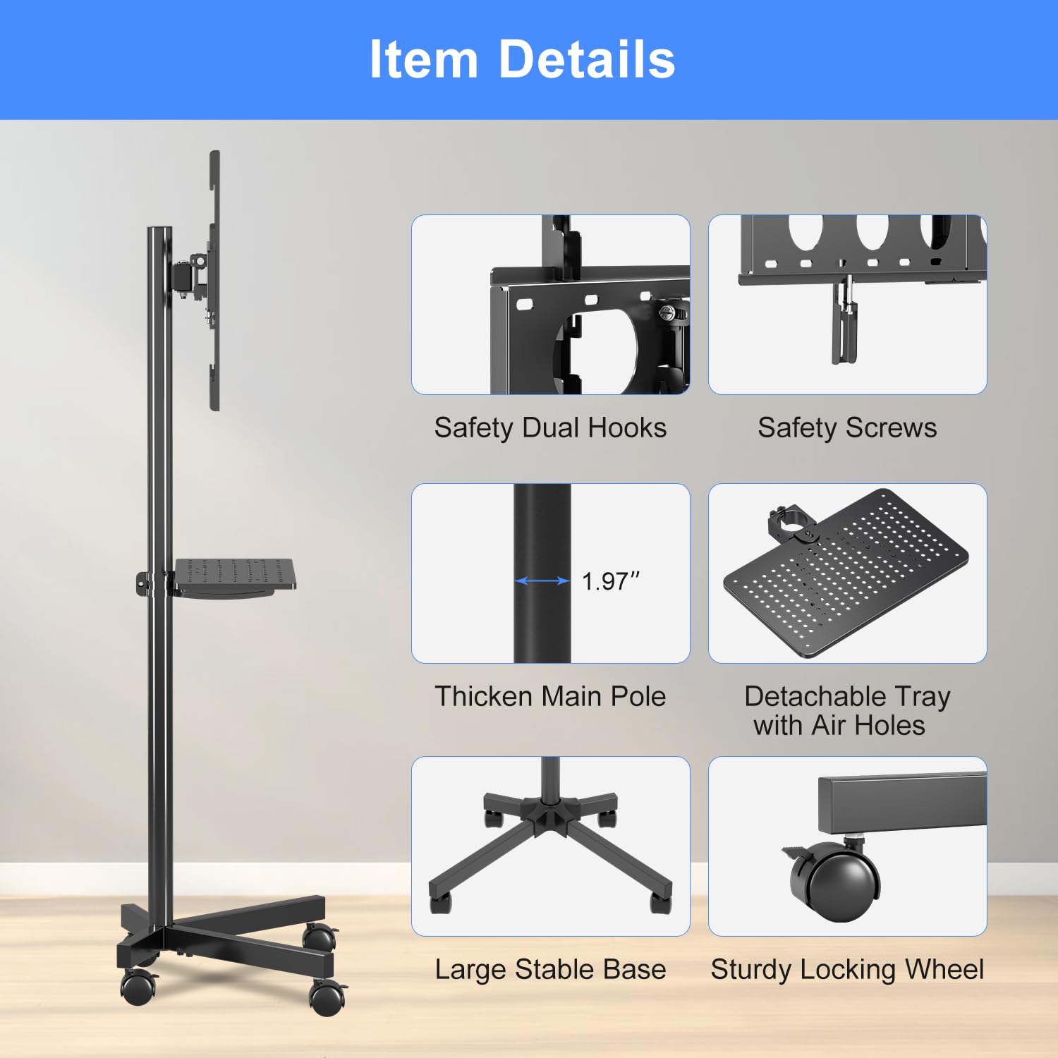 suptek Mobile TV Cart for 21-60 Inch LCD LED Flat/Curved Panel Screen TVs Max VESA 400x400 with Laptop Shelf Holds up to 77lbs, ML55B