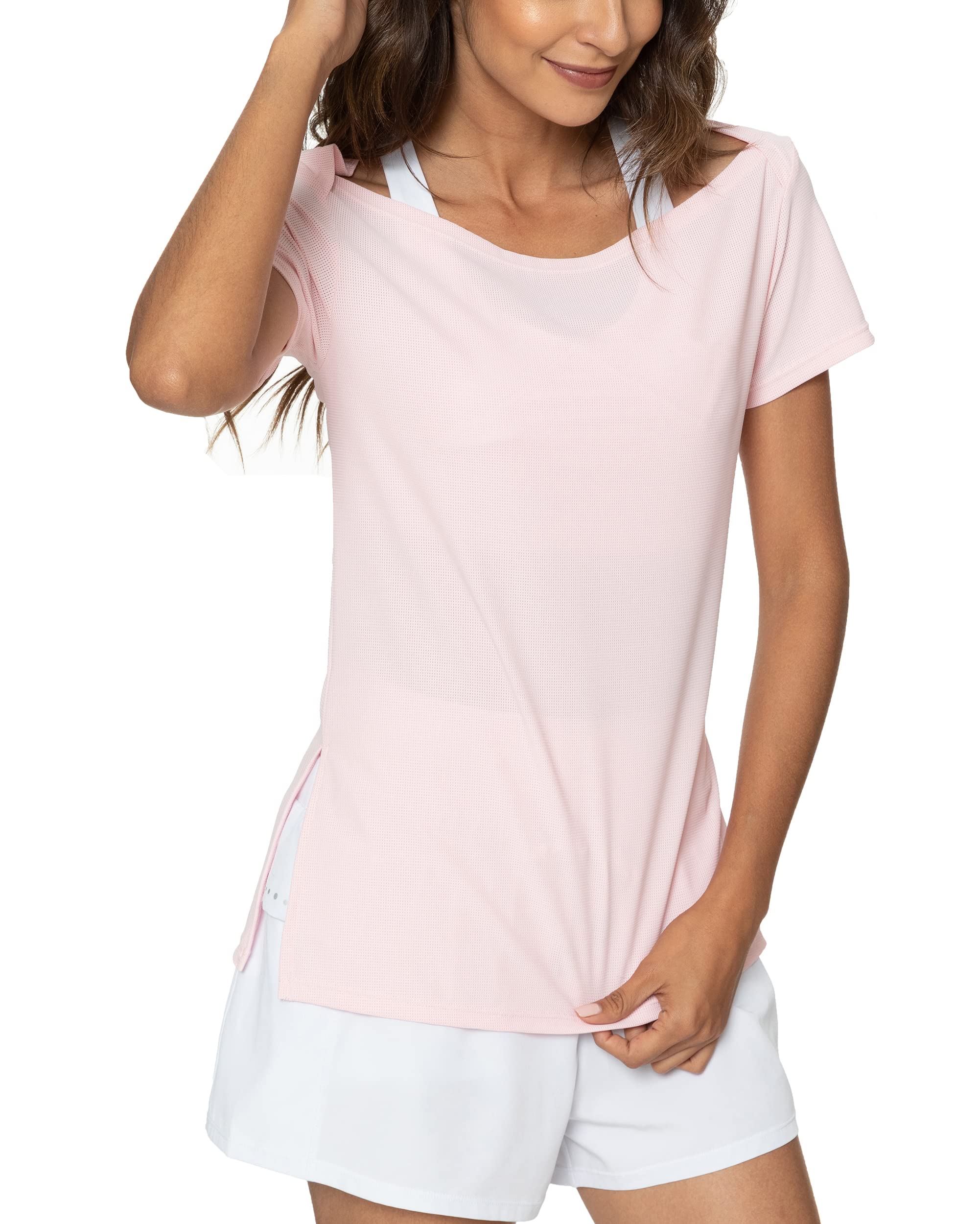 Women's Short Sleeve Boat Neck Tshirts with Side Slit, Ventilated Athletic Workout Running Tops (Pink, XL)