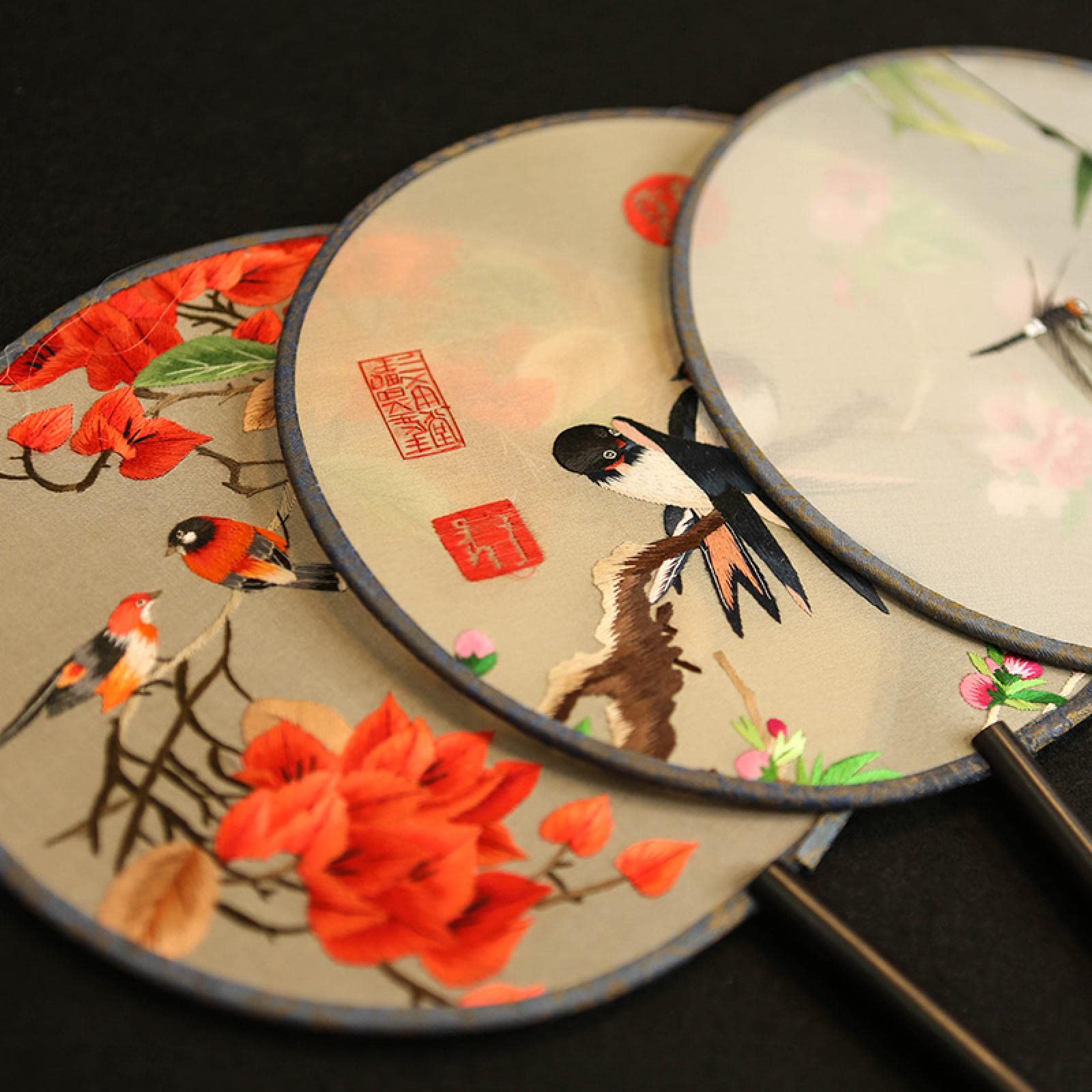 Wingfree 4 Pcs Chinese Style Embroidery Fan, Festival Hand Fans, Handheld Fan Foldable, Folding Fan (Colour Pattern Random) D