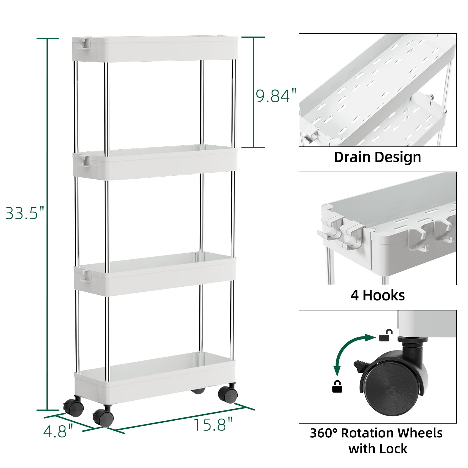 OTK Slim Storage Cart 4 Tier Mobile Shelving Unit Organizer, Utility Rolling Shelf Cart with Wheels for Bathroom Kitchen Bedroom Office Laundry Narrow Places,White
