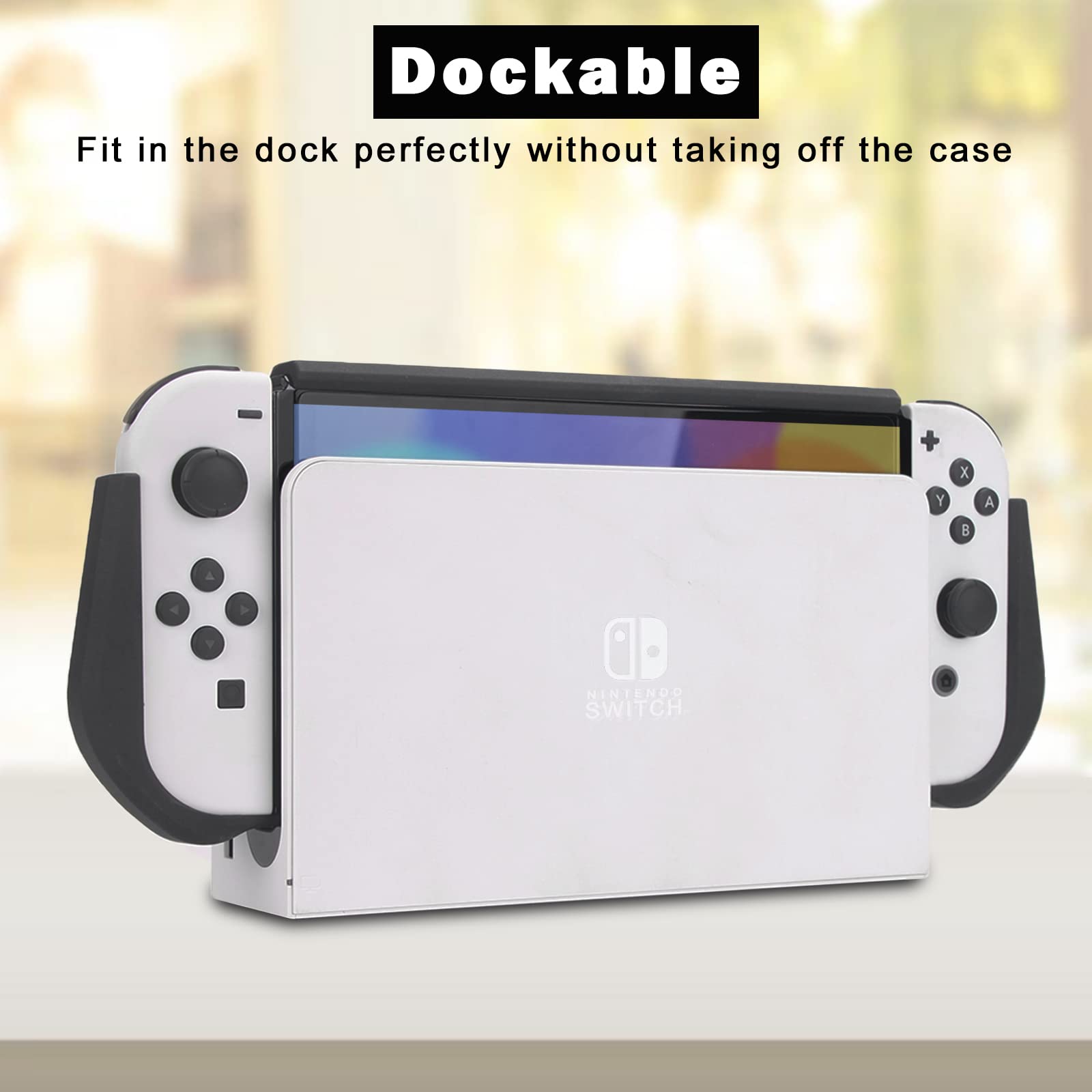 TIKOdirect Dockable Case for Nintendo Switch OLED (2021), TPU Grip Protective Cover Case Accessories with Screen Protectors and Thumb Grip Caps for Switch OLED Console and Joy-Con Controller, Black