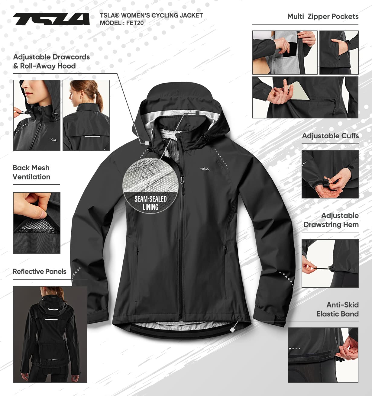 TSLA Women's Cycling Windbreaker Jacket, Waterproof Running Workout Rain Jackets, Packable Reflective Hiking Hoodie, Cycling Black, Small