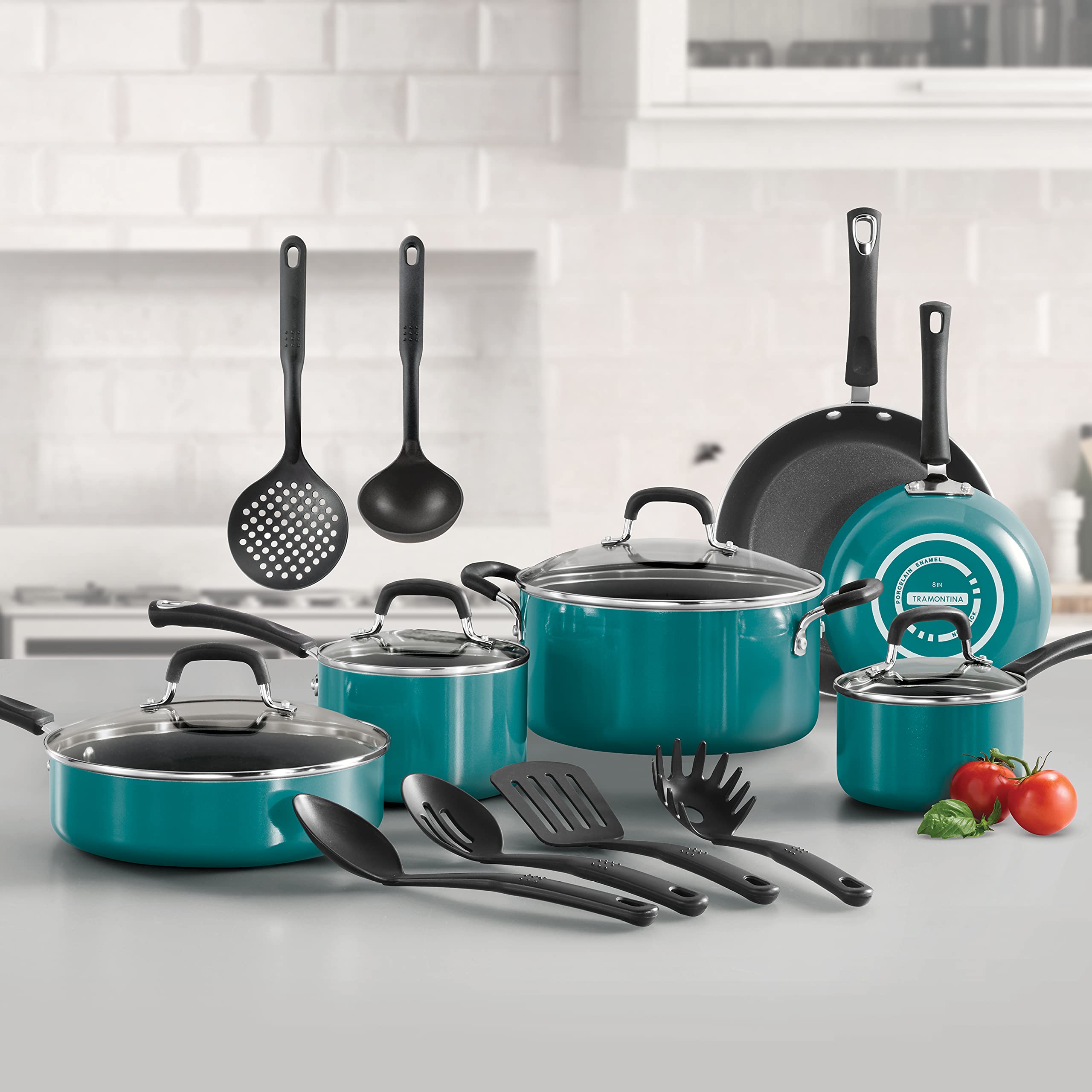 Tramontina 80106/004 Porcelain Enamel Aluminum Nonstick 16-Piece Teal Cookware Set, Made in USA