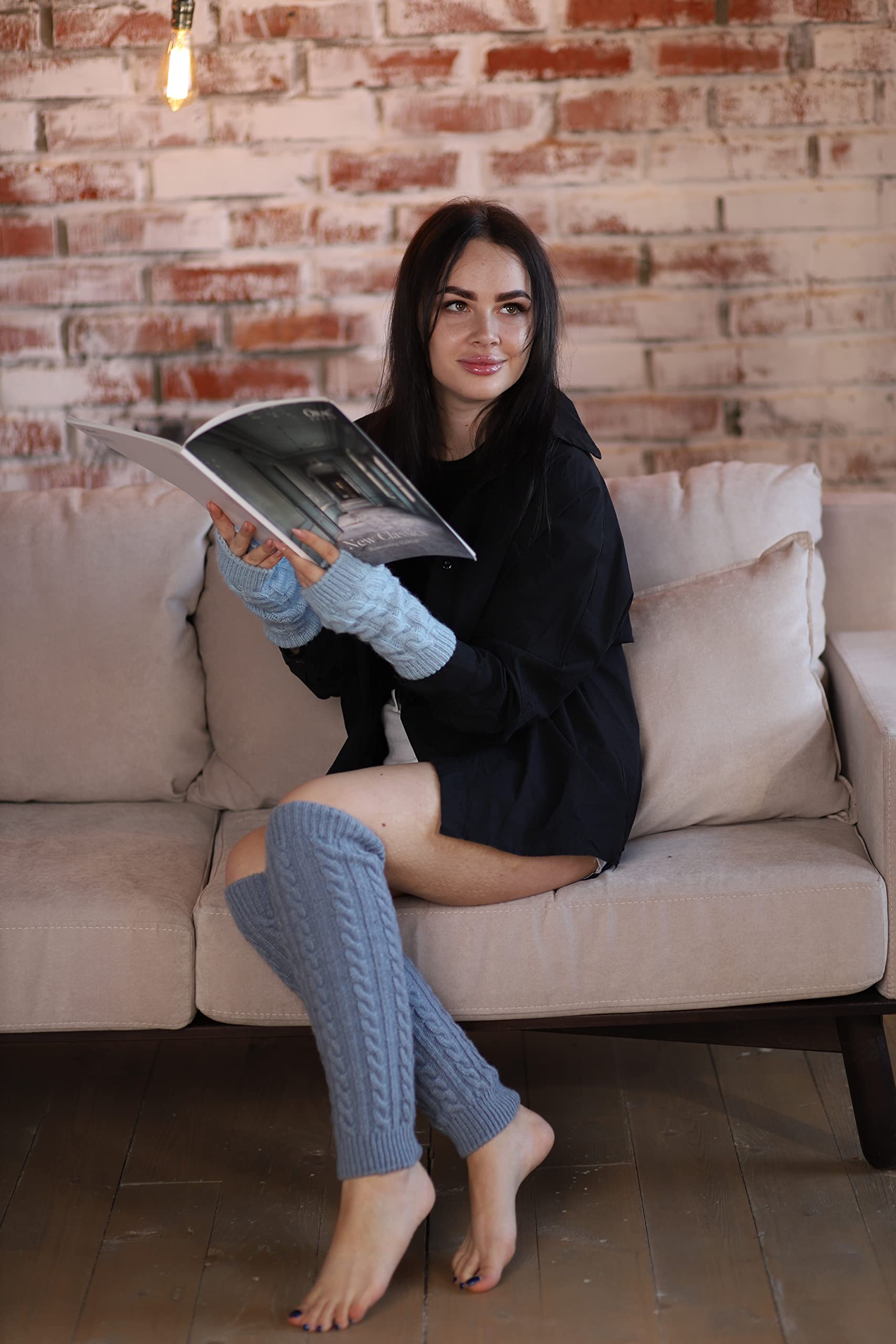 WHOLEWOOLS Wool Leg Warmers for Women Thigh High Socks Knitted Stockings Warm and Long Footless Cable Knit Crochet Warmers (grafit)