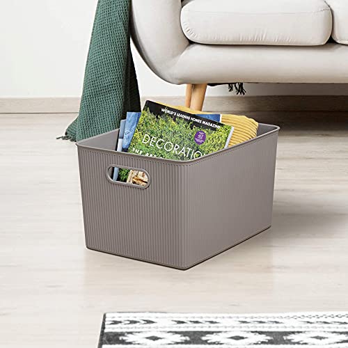 Superio Ribbed Collection - Decorative Plastic Lidded Home Storage Bins Organizer Baskets, X-Large Taupe (1 Pack - 22 Liter) Stackable Container Box, for Organizing Closet Shelves Drawer Shelf