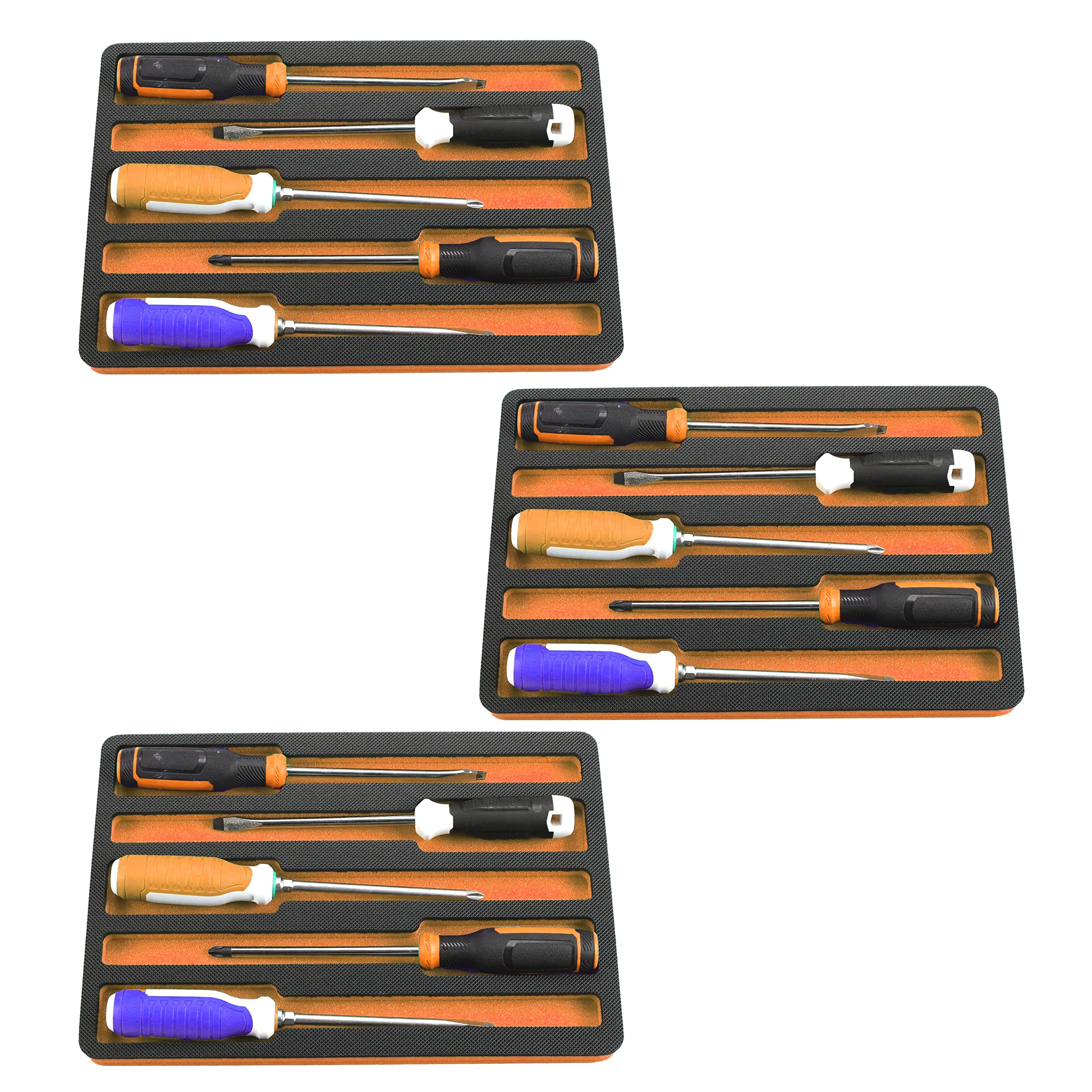 Polar Whale Tool Drawer Organizer 3-Piece Screwdriver Insert Set Orange and Black Durable Foam Holds Many Tools 15 x 10 Inch Trays Fits Craftsman Husky Kobalt Milwaukee Many Others