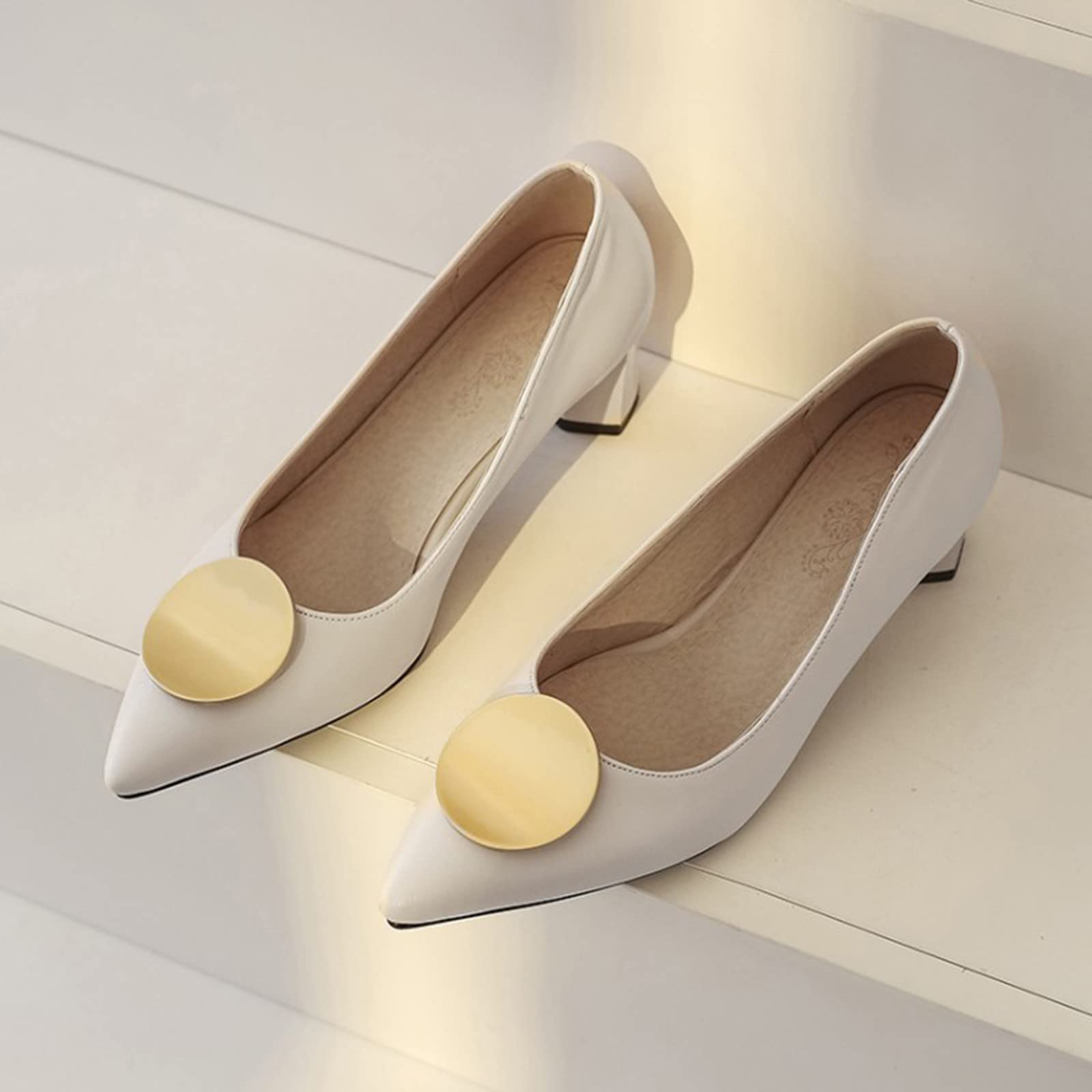Women's Simple and Stylish Solid Color Spring and Summer Plain Simple Thick Heel Pointed Womens Casual Shoes Leather Beige